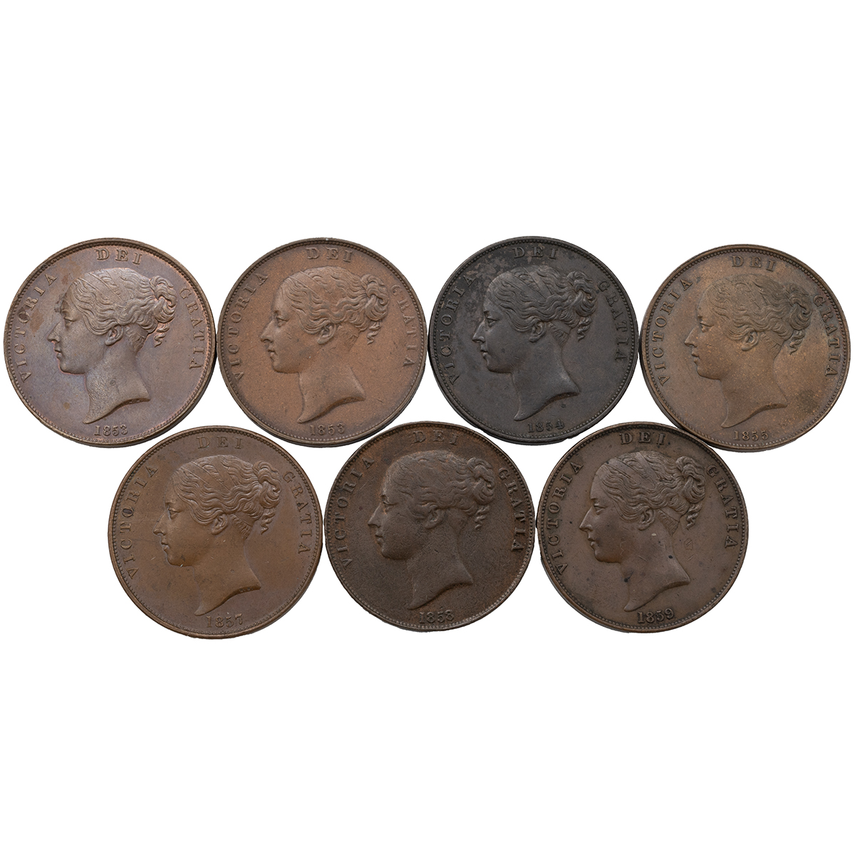 Seven (7) 1850s Queen Victoria copper ‘Young Head’ Pennies (all S 3948 ...