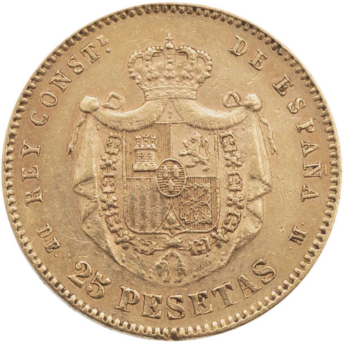 1877 Alfonso XII Spain gold 25 Pesetas coin (KM 673). Obverse: right ...
