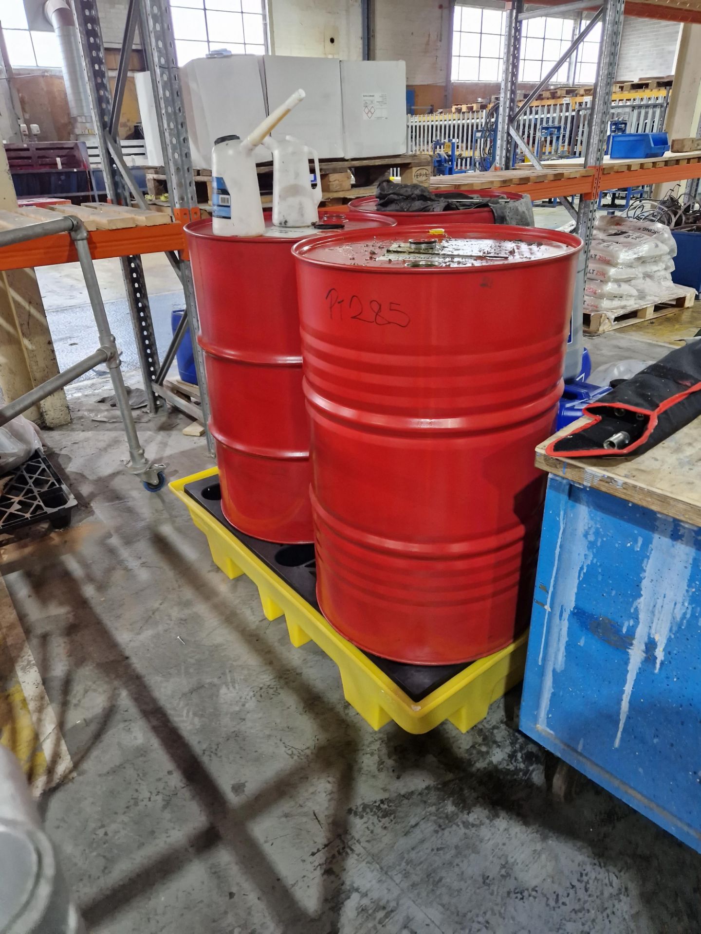 Bunded Oil Spill Pallet and Mobile Oil Drum Trolley with four oil drums ...