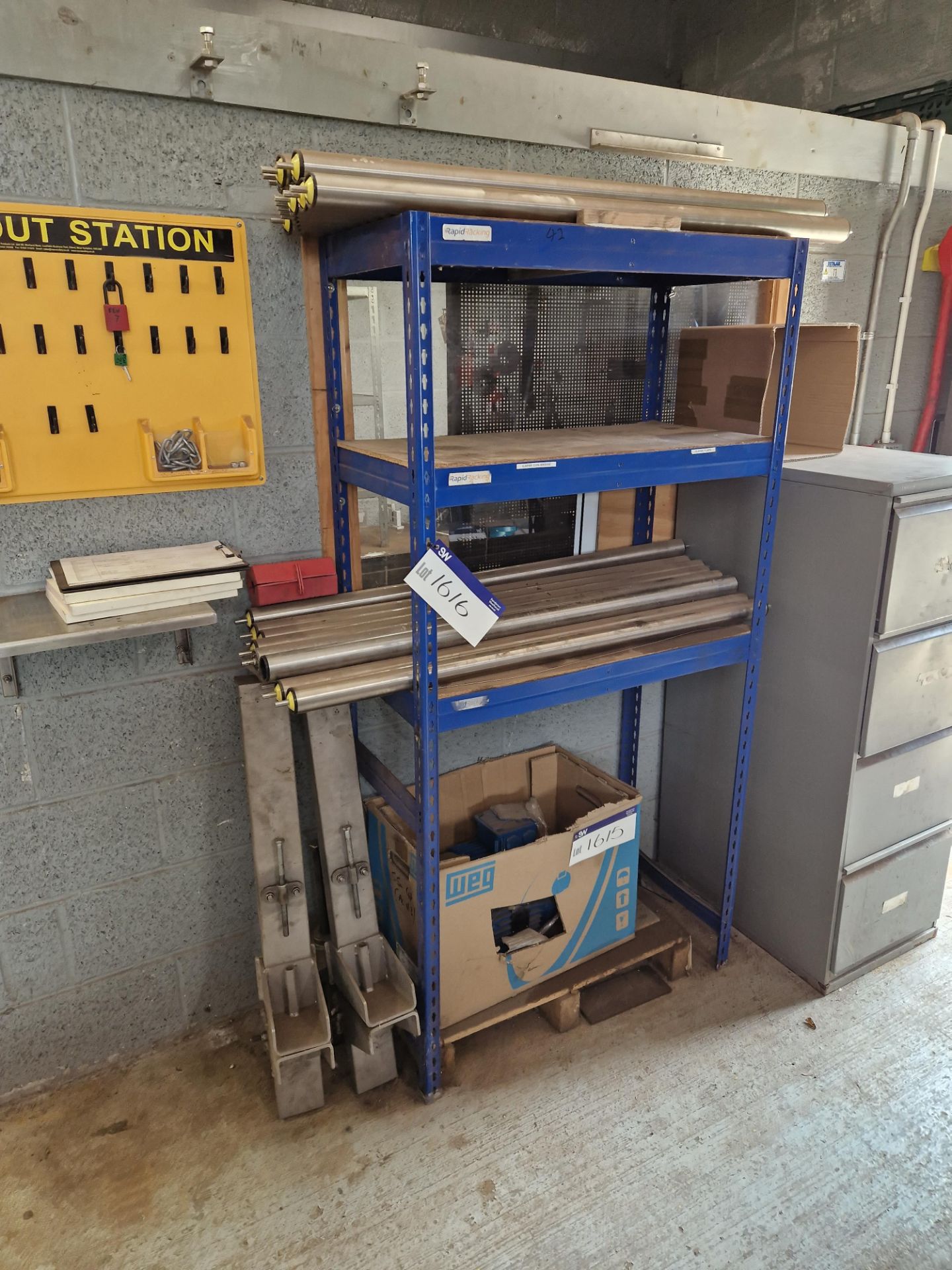 Three Tier Shelving Unit & Contents, including 27 steel conveyor ...
