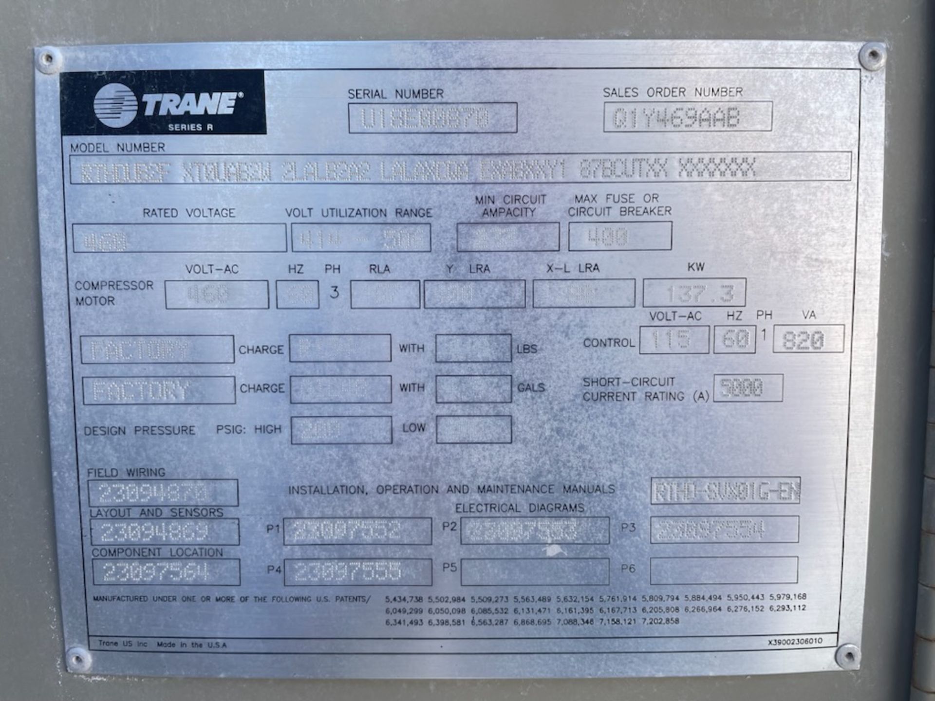 (Located in Kingman, AZ) Trane Chiller, Serial# U18E00870, 460V ...