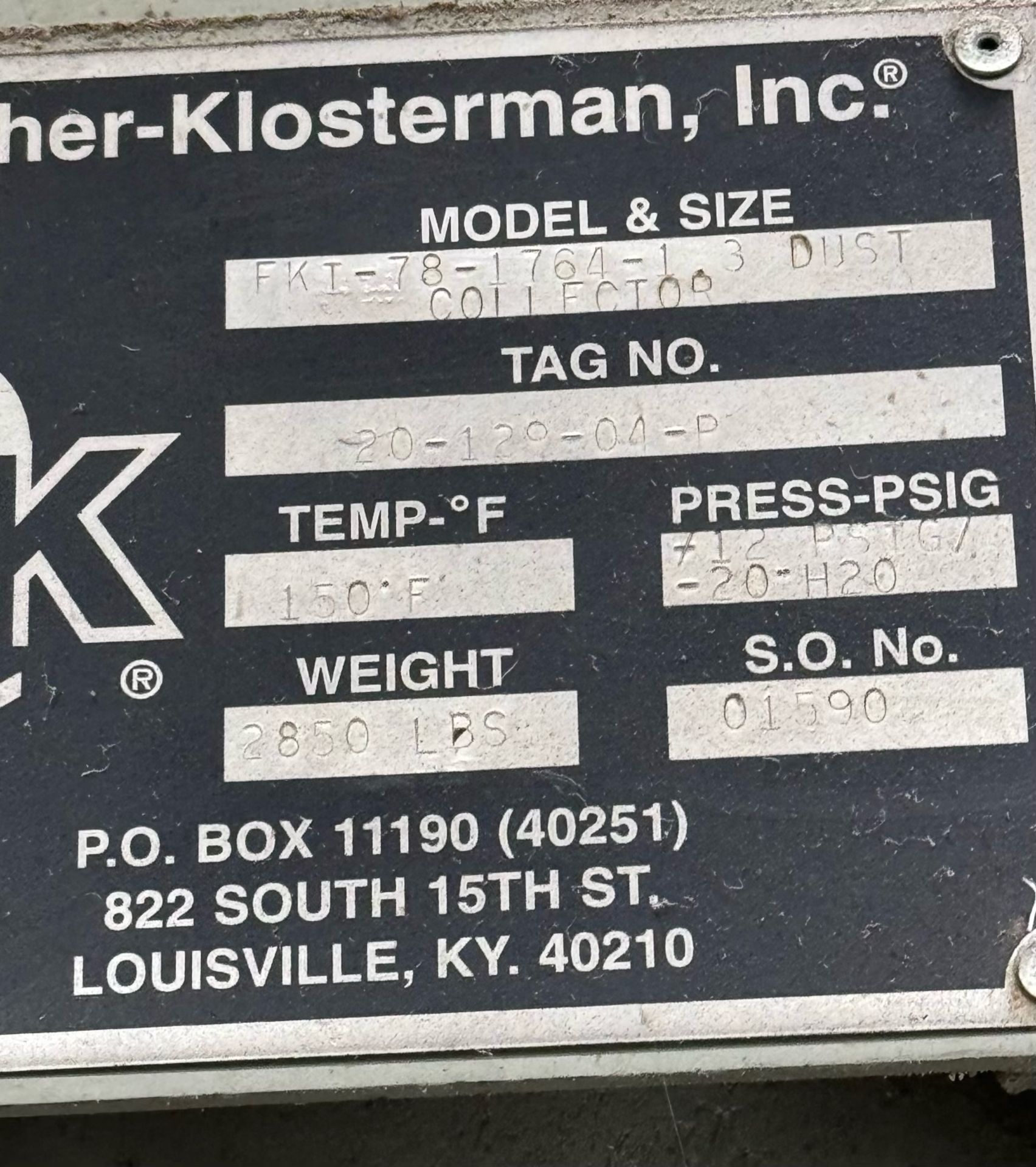 Fisher-Klosterman Dust Collector with the receiver, Model #FKI-78-1764 ...