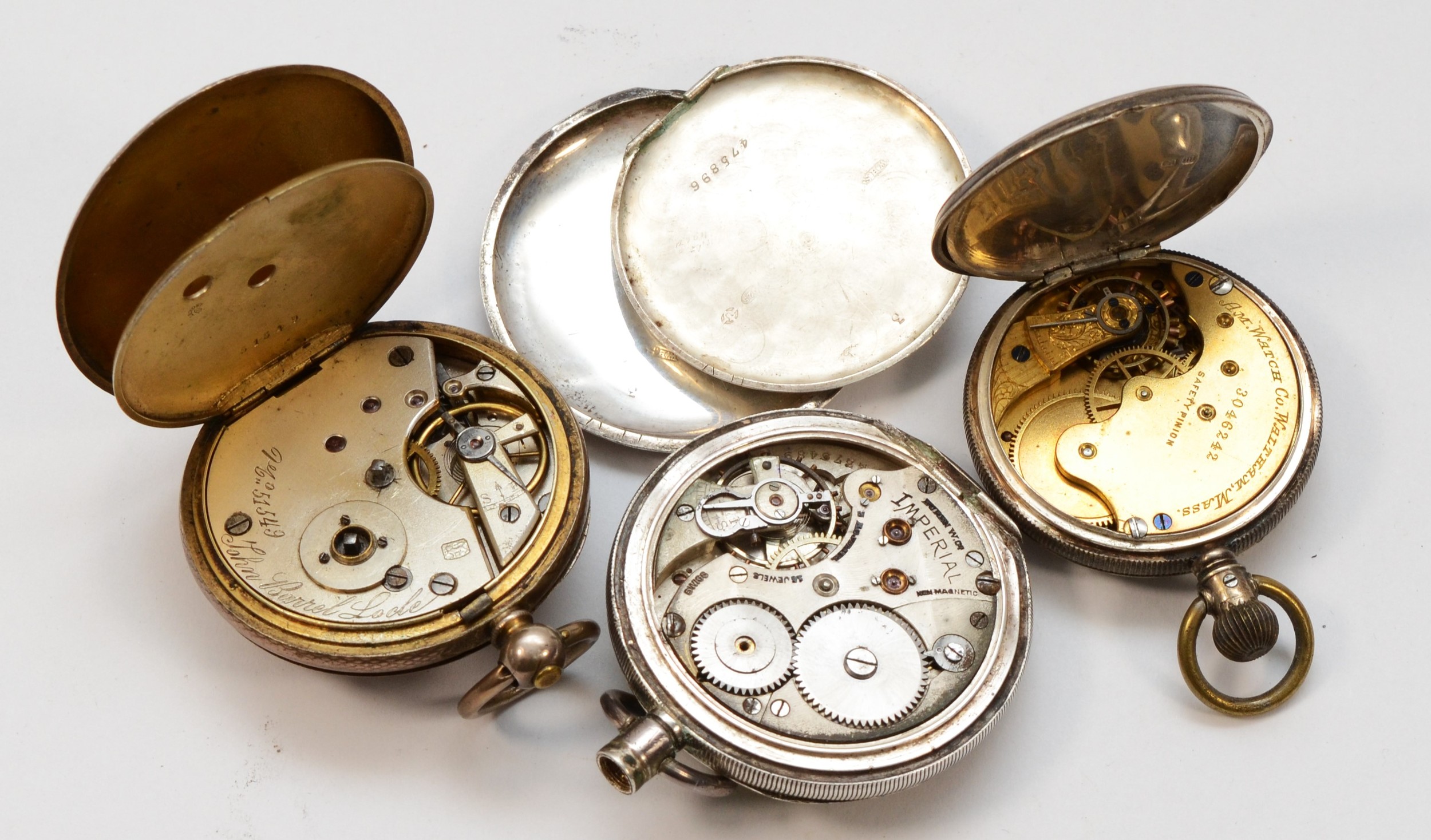Three silver fob watches to include a half hunter fob watch, by John ...