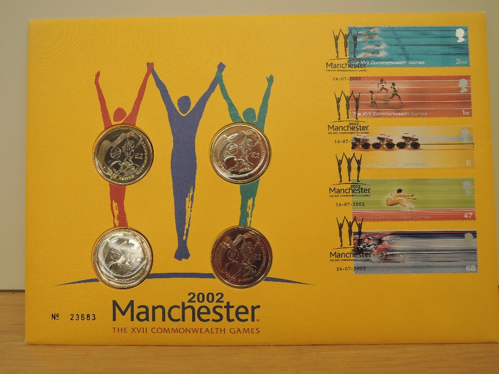 GB 2002 MANCHESTER COMMONWEALTH GAMES NUMISMATIC FDC WITH 4 x £2 COINS ...