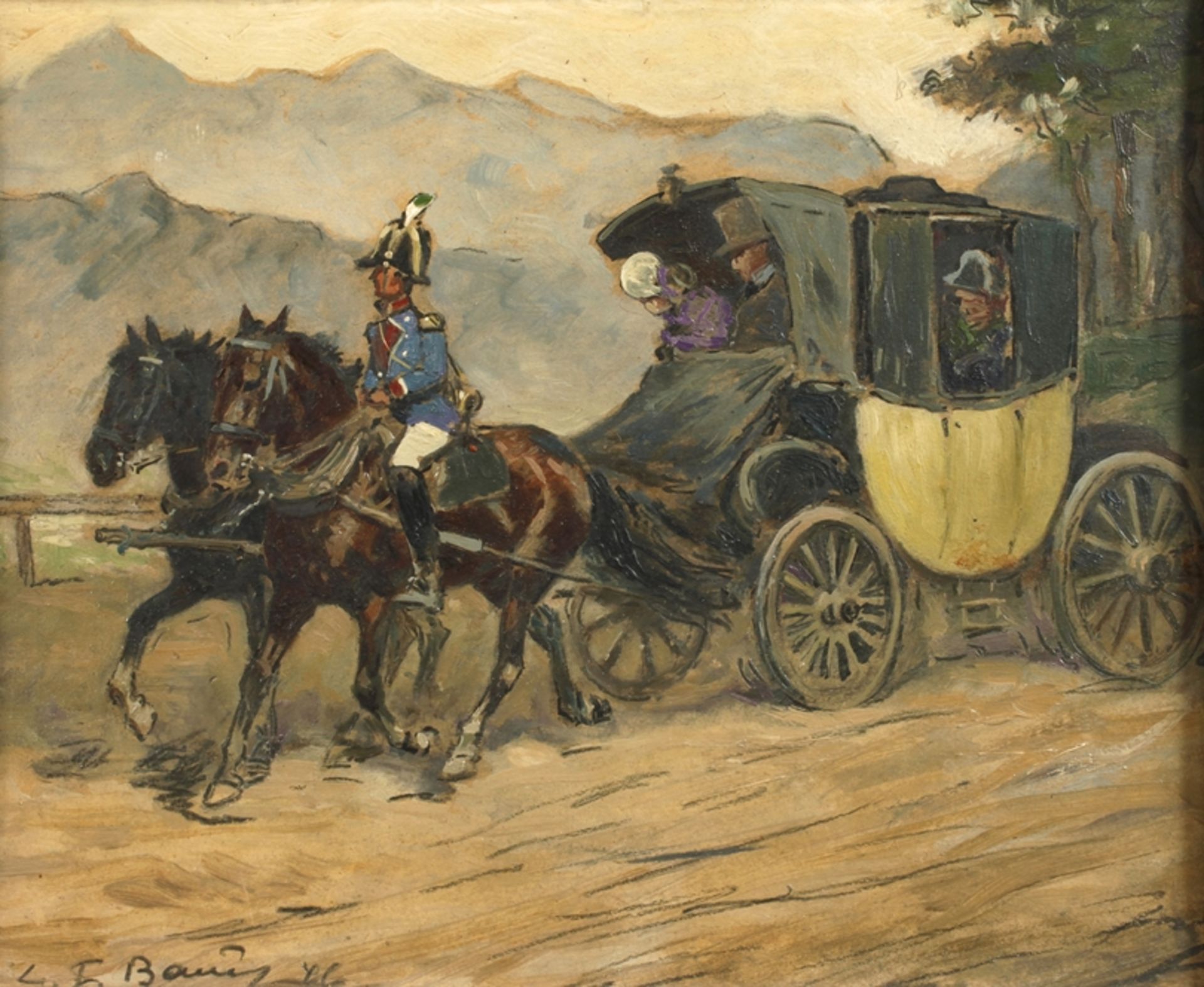 Carl Franz Bauer, Postkutsche im Gebirgemit mehreren Personen besetzte ...