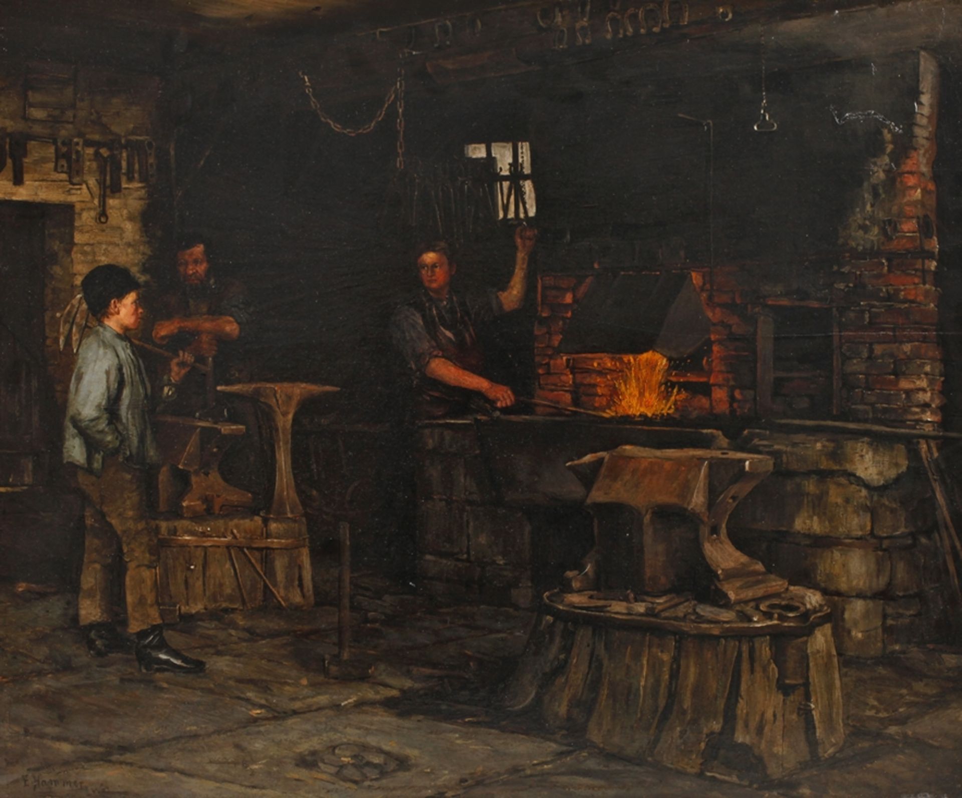 Erich Hammer, "In der Schmiede"urige, spärlich beleuchtete Schmiede mit ...