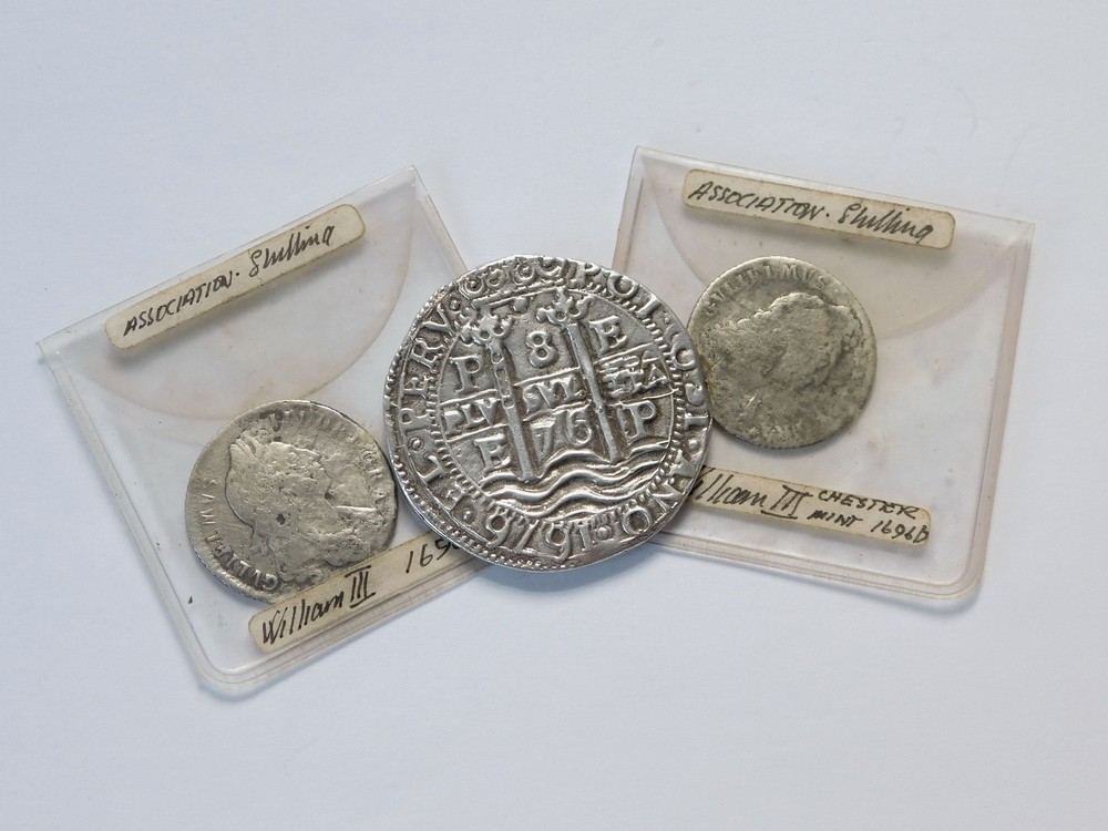 HMS ASSOCIATION SHIPWRECK COINS. Two William III 1696 shillings ...