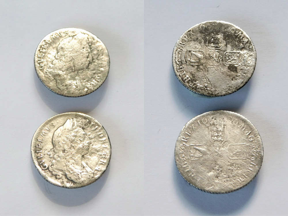HMS ASSOCIATION SHIPWRECK COINS. Two William III 1696 shillings ...
