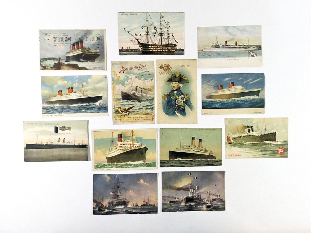 LINERS & NAVAL. Thirteen early 20th century & later postcards of liners ...