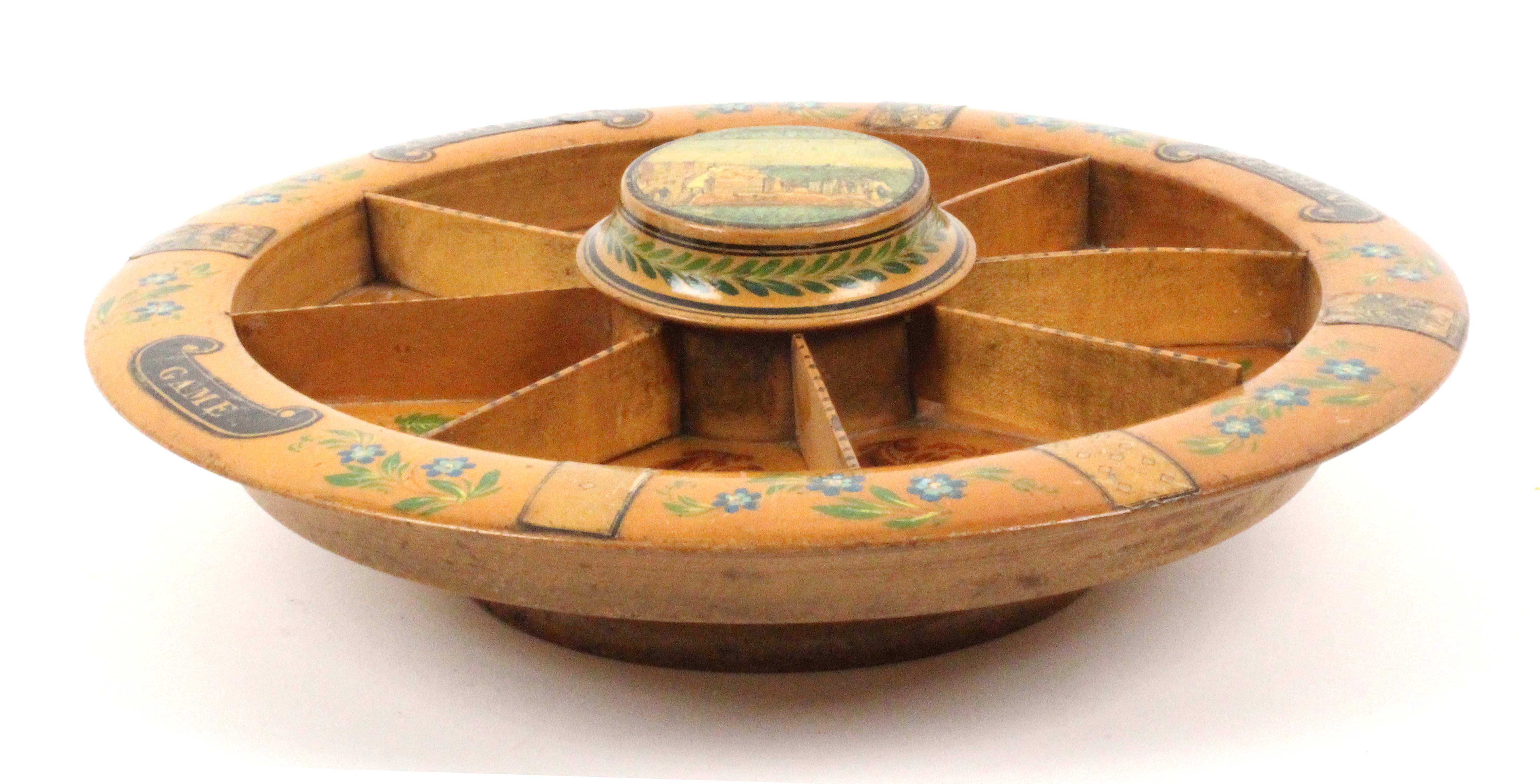 A rare whitewood, paint and print decorated Tunbridge ware Pope Joan ...