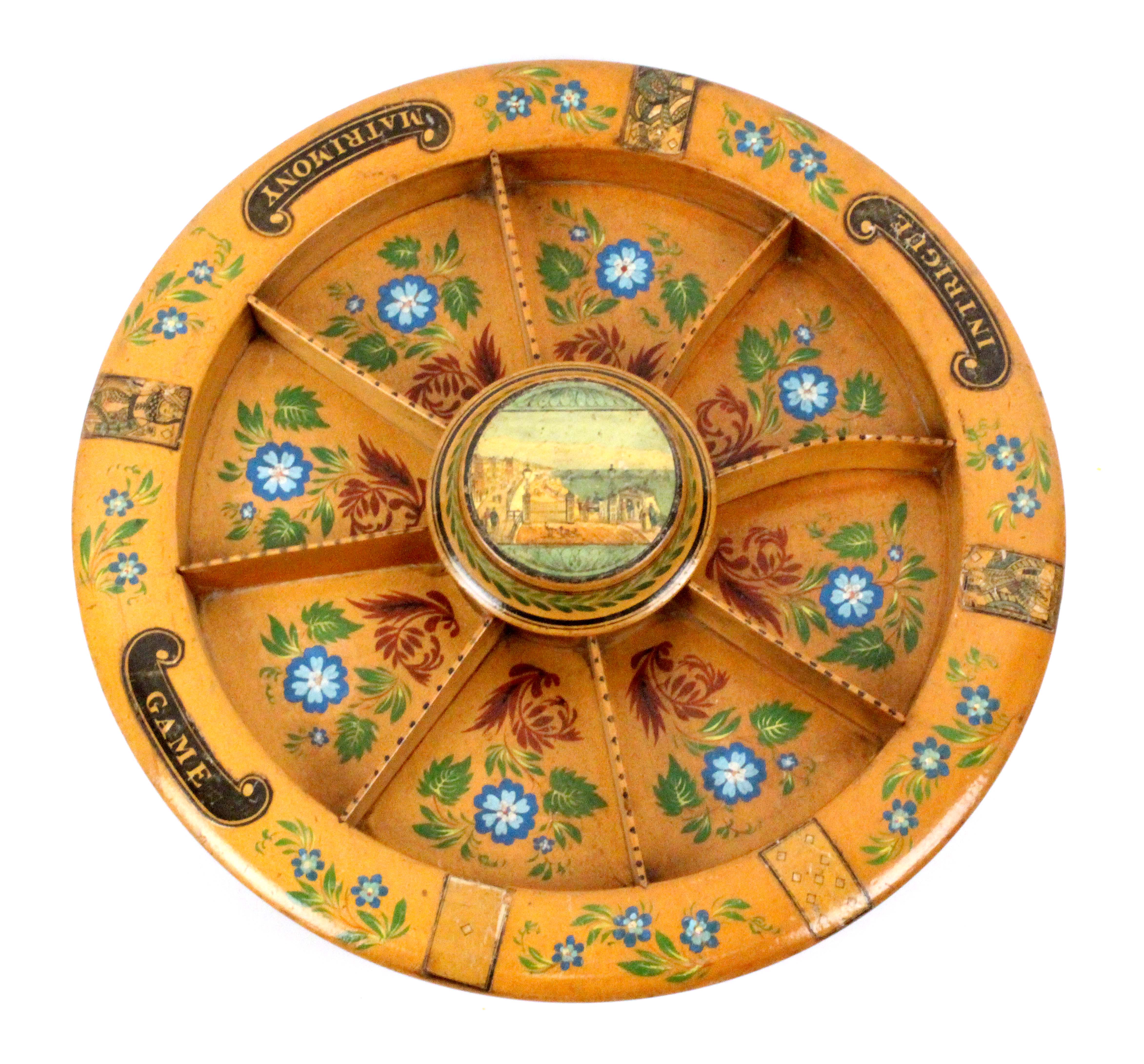 A rare whitewood, paint and print decorated Tunbridge ware Pope Joan ...