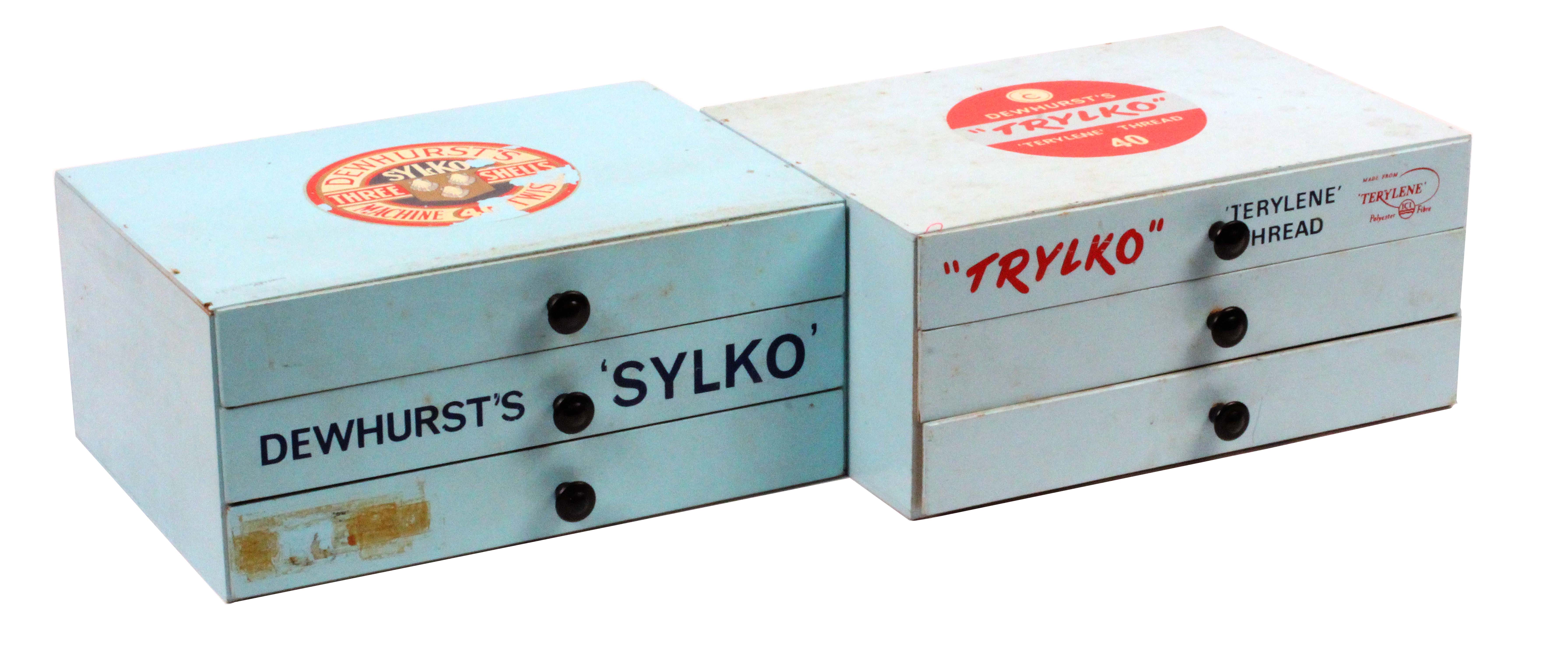 Two three drawer painted plywood counter chests, one for 'Dewhurst's ...