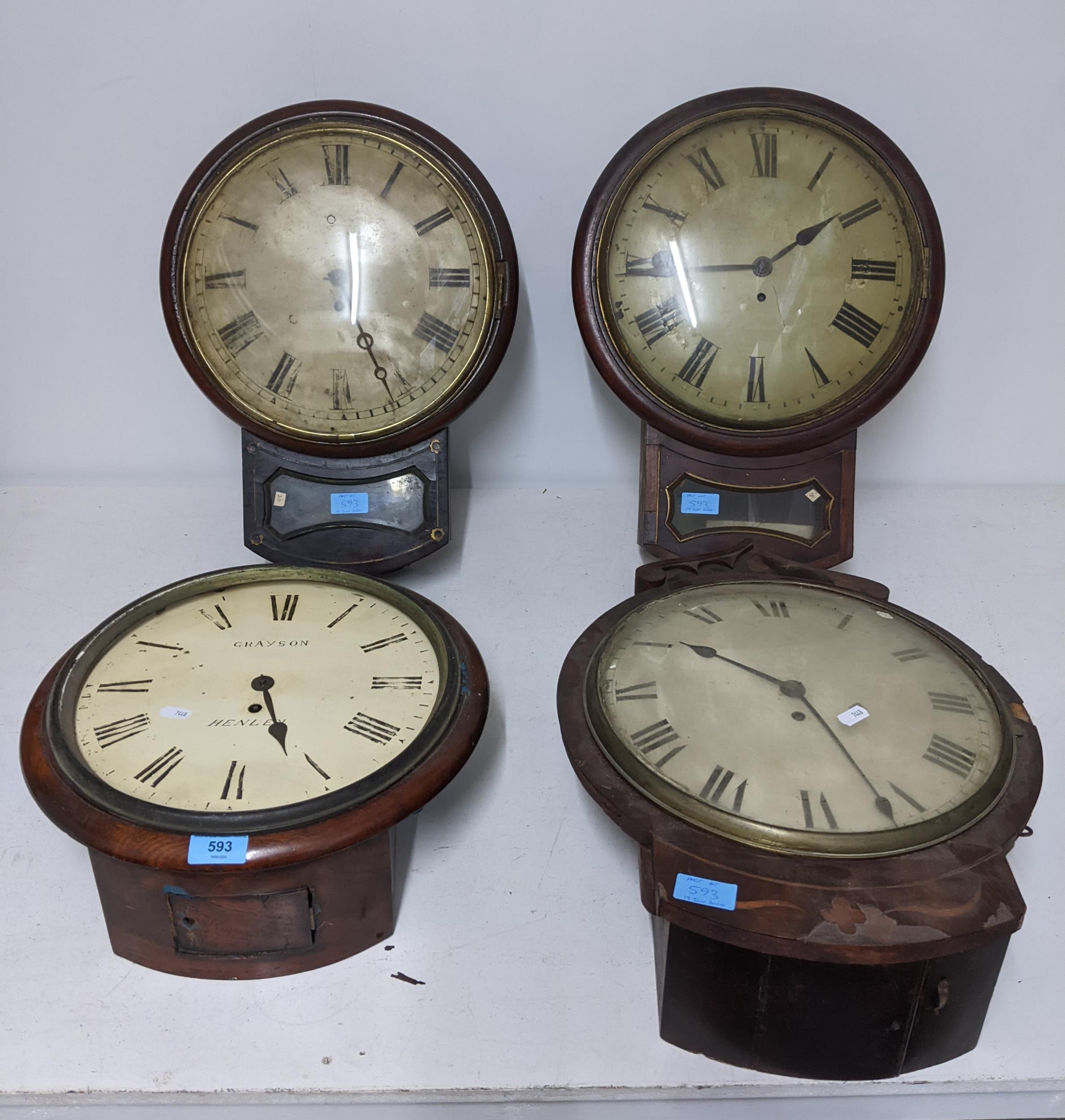 A group of four Victorian dial clocks, one Grayson, Henley, two with ...
