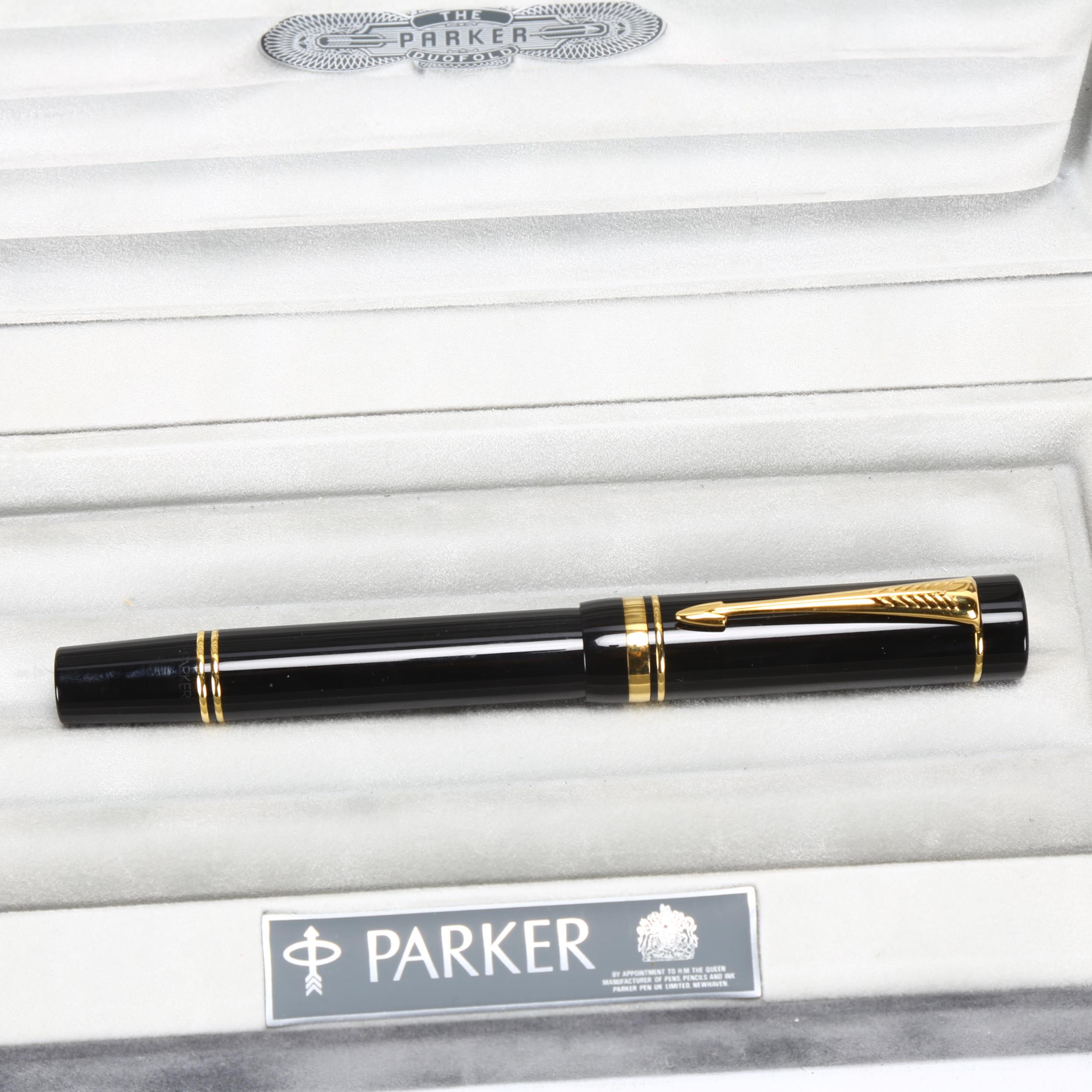 A Parker Duofold Centennial fountain pen, with black lacquer and gilt ...