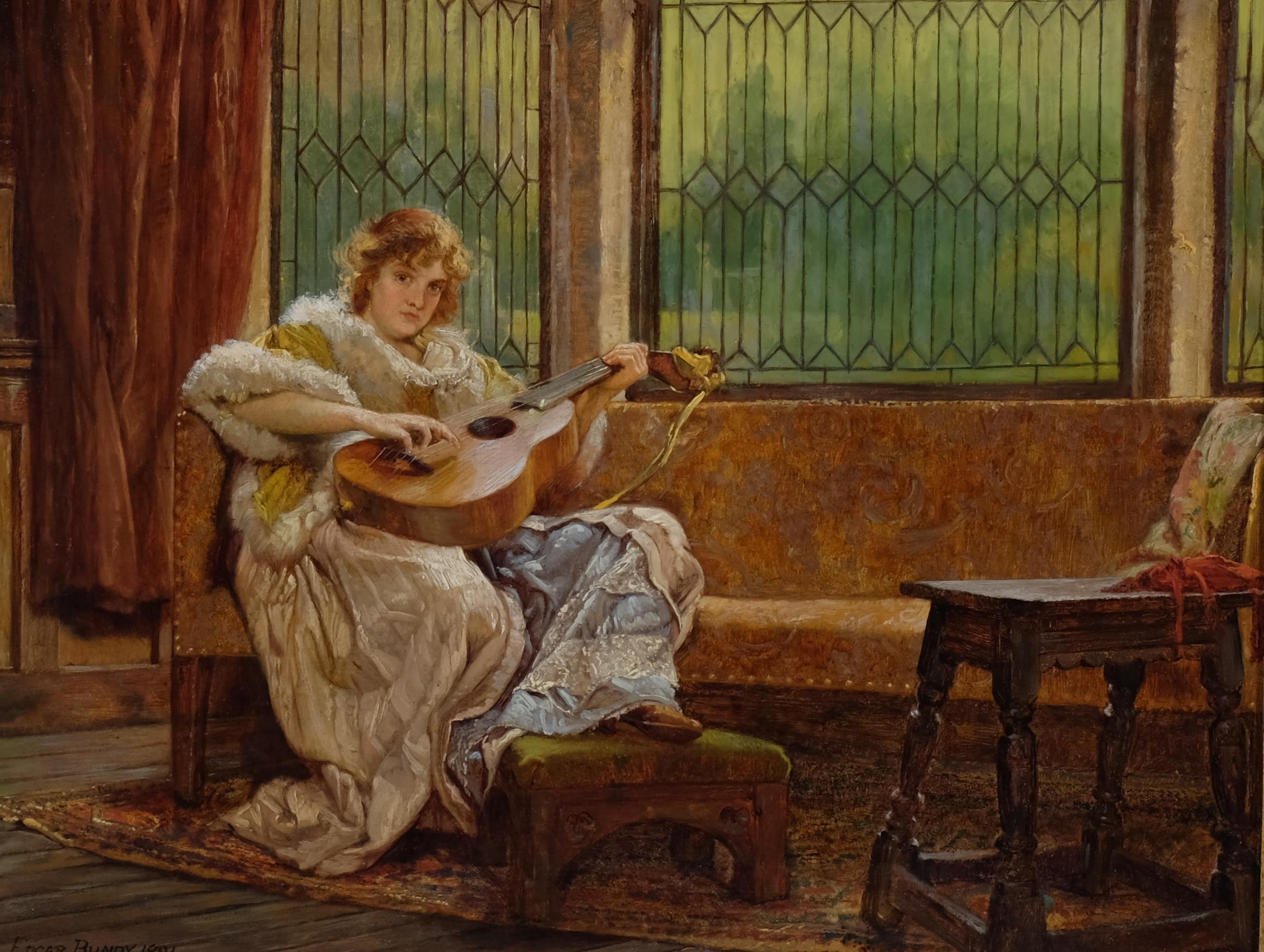 Edgar Bundy (1862 - 1922), woman with guitar, oil on canvas, signed and ...