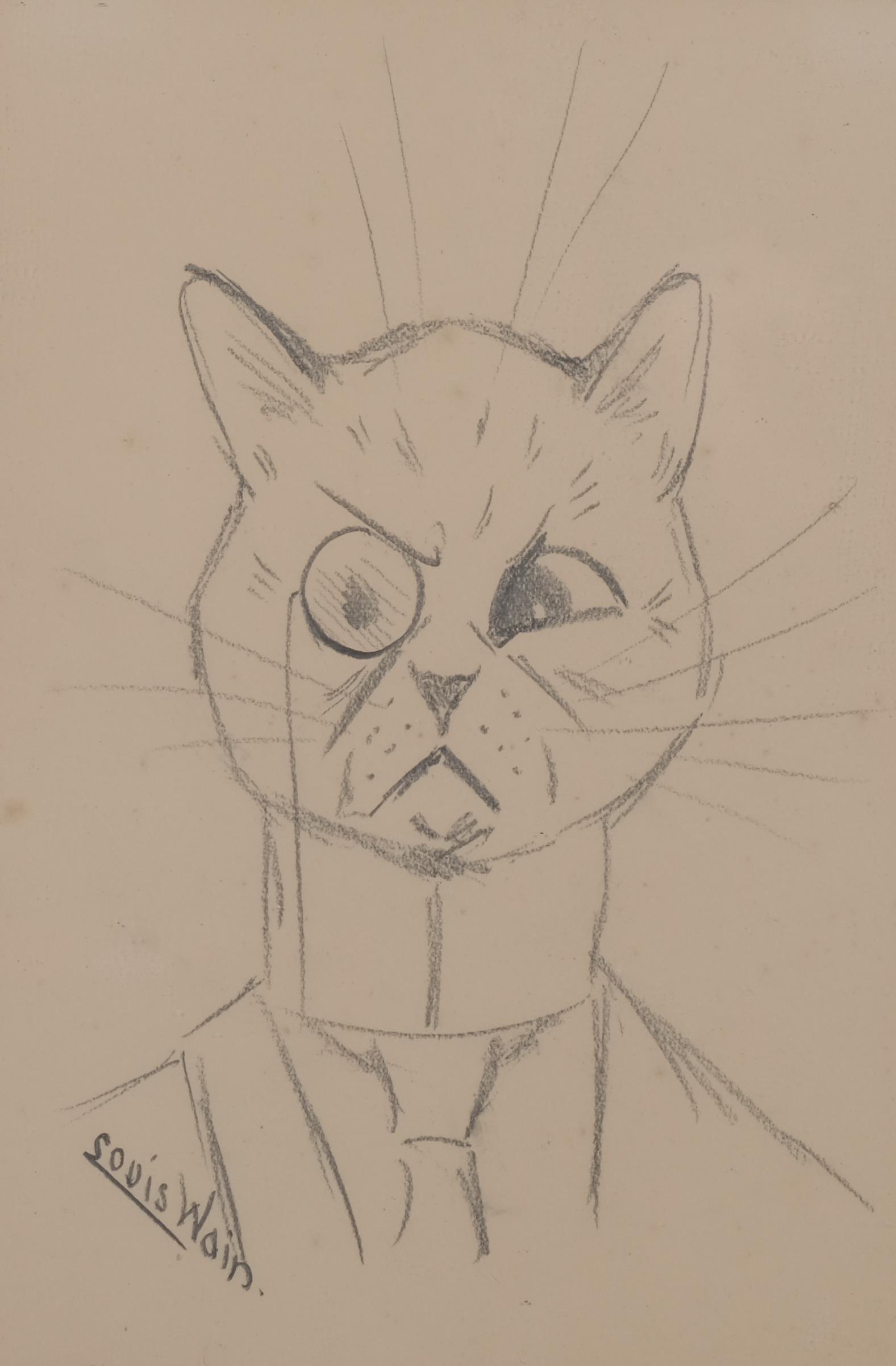Louis Wain (1860 - 1939), cat with a monocle, pencil drawing, signed ...