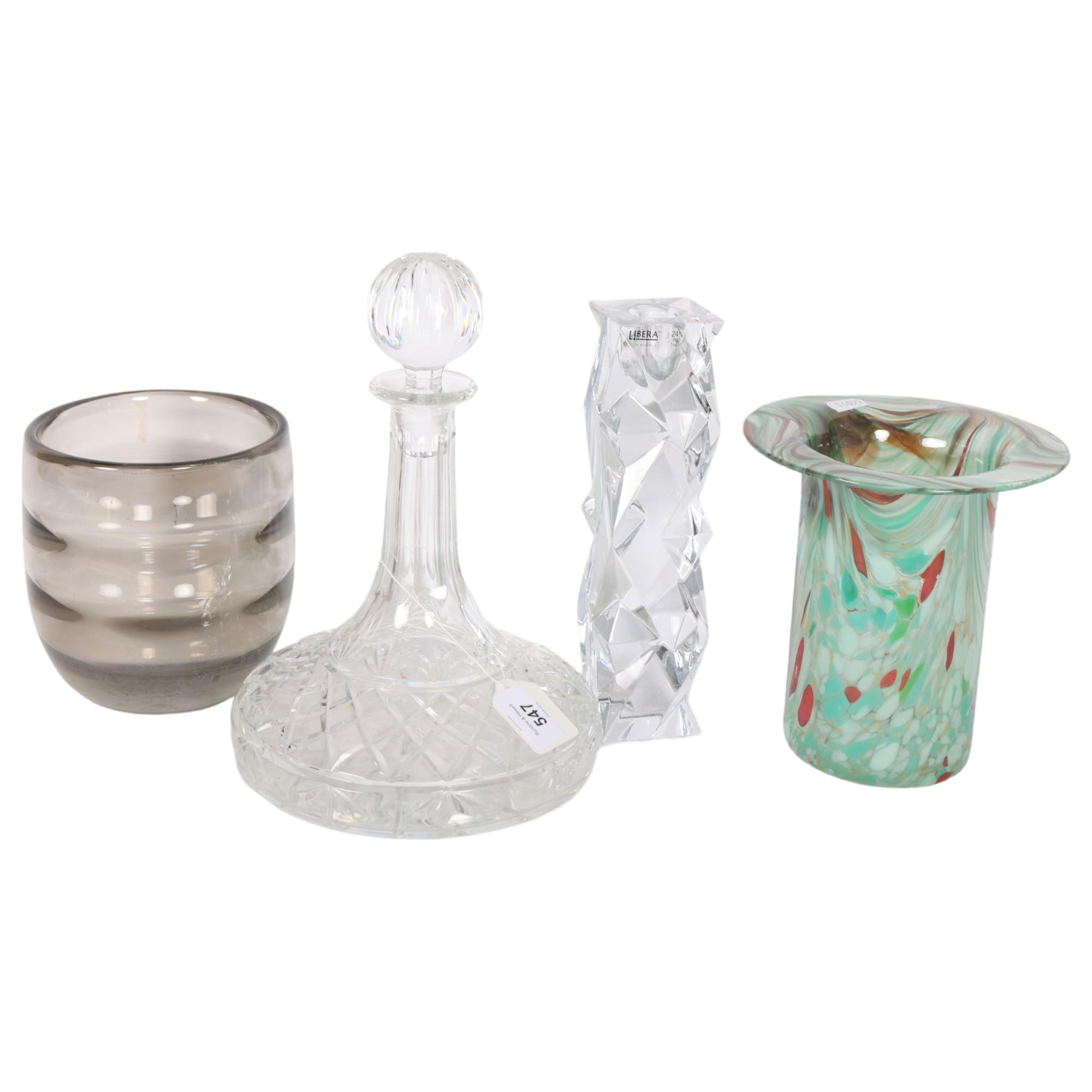 A Libera glass candlestick, 24cm, a cut-crystal ship's decanter and ...