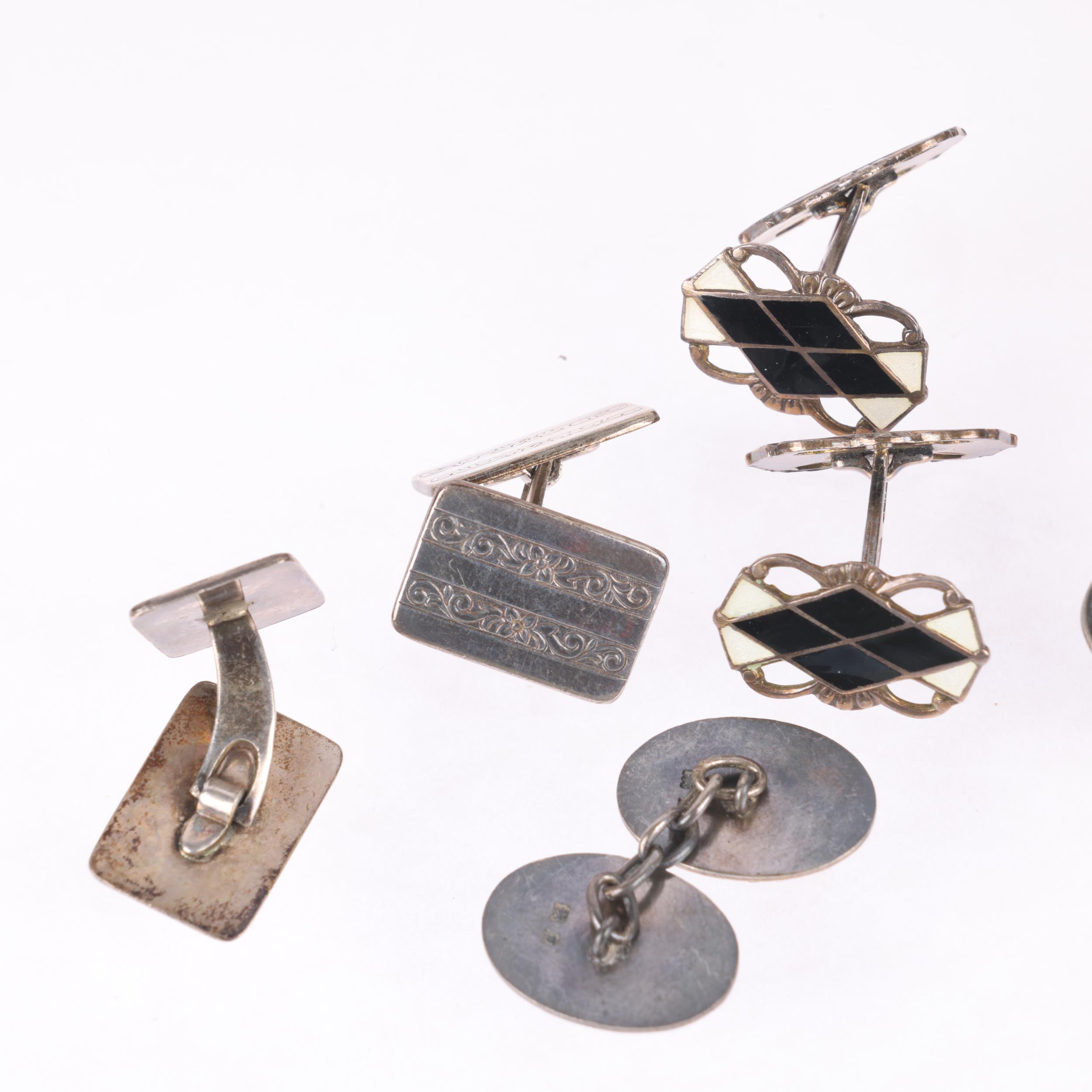 3 pairs of silver cufflinks, including Scandinavian enamel examples by ...