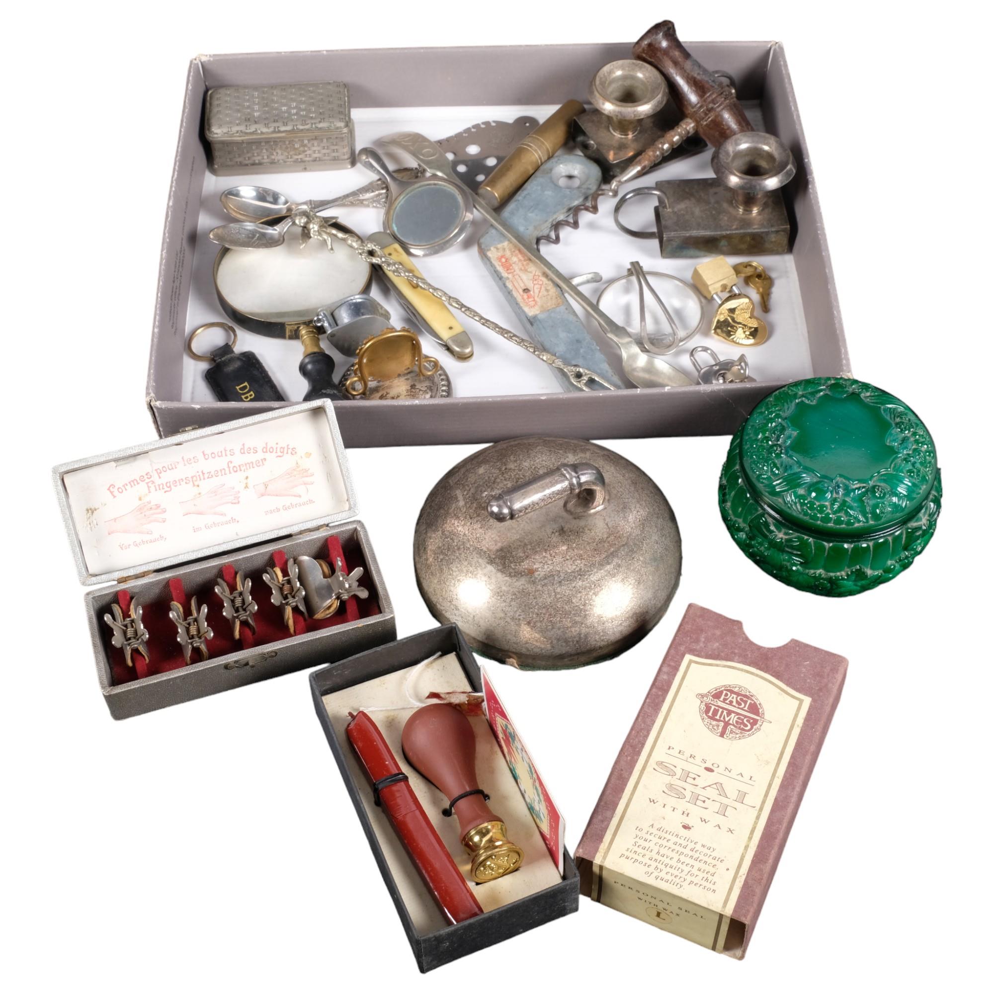 A tray of assorted items, including corkscrew, a plated curling stone ...