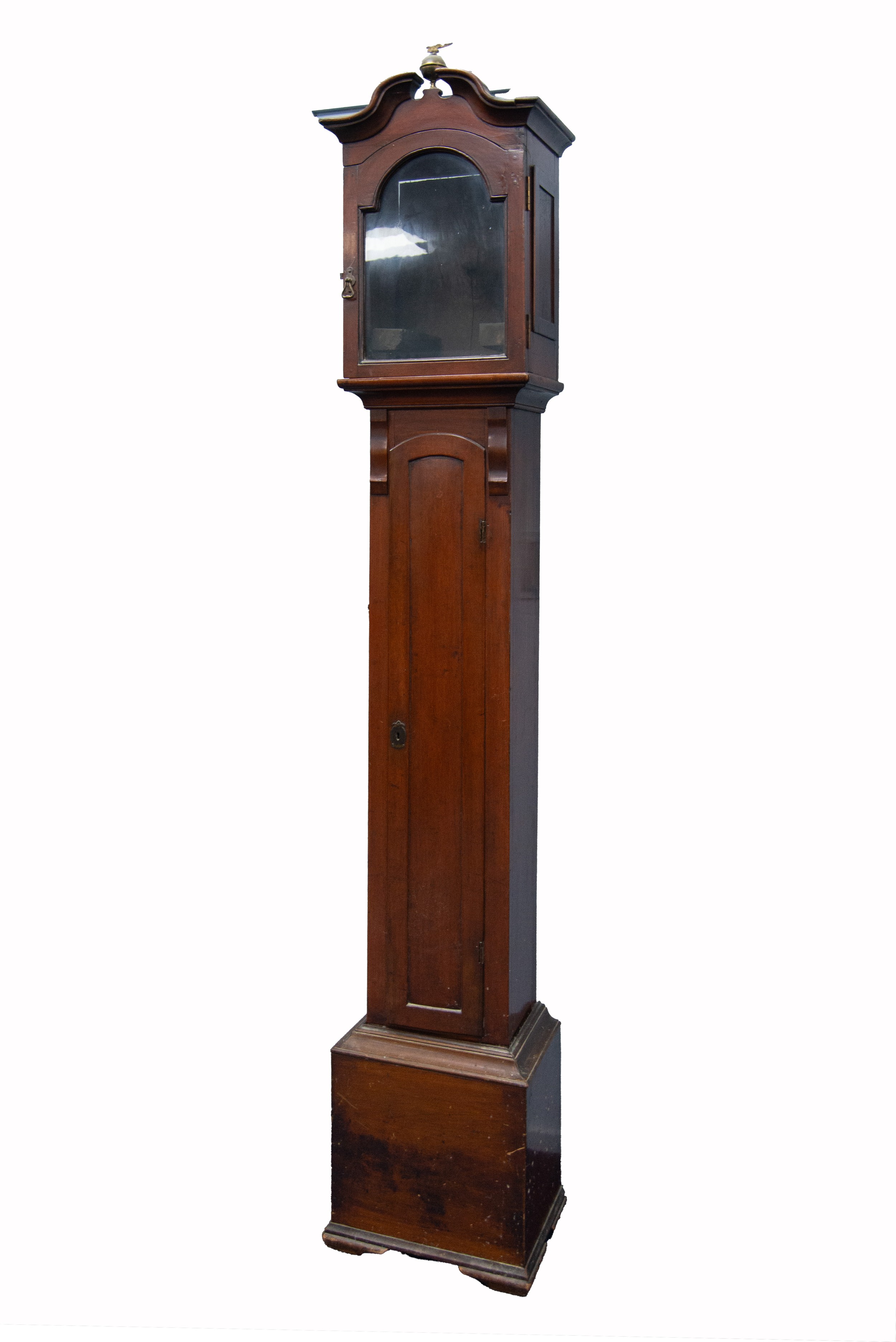 EARLY TWENTIETH CENTURY WALNUT LONGCASE CLOCK CASE, with brass eagle ...