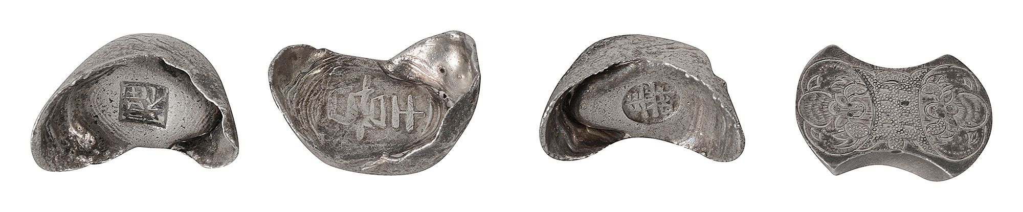 Four 19th century Chinese silver sycee ingots three boat shaped with ...