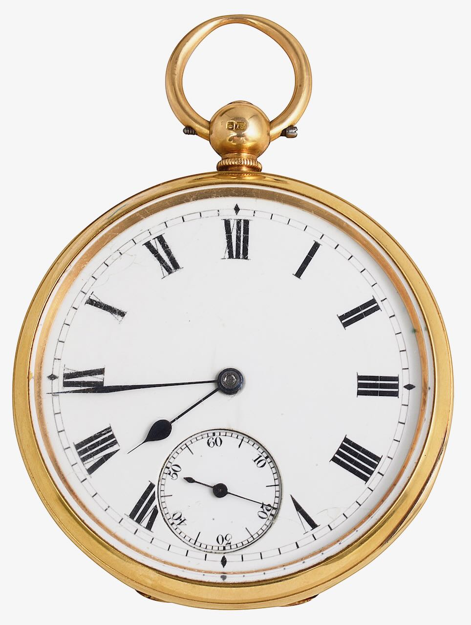 An 18ct gold open faced key wind pocket watch white enamel dial with ...