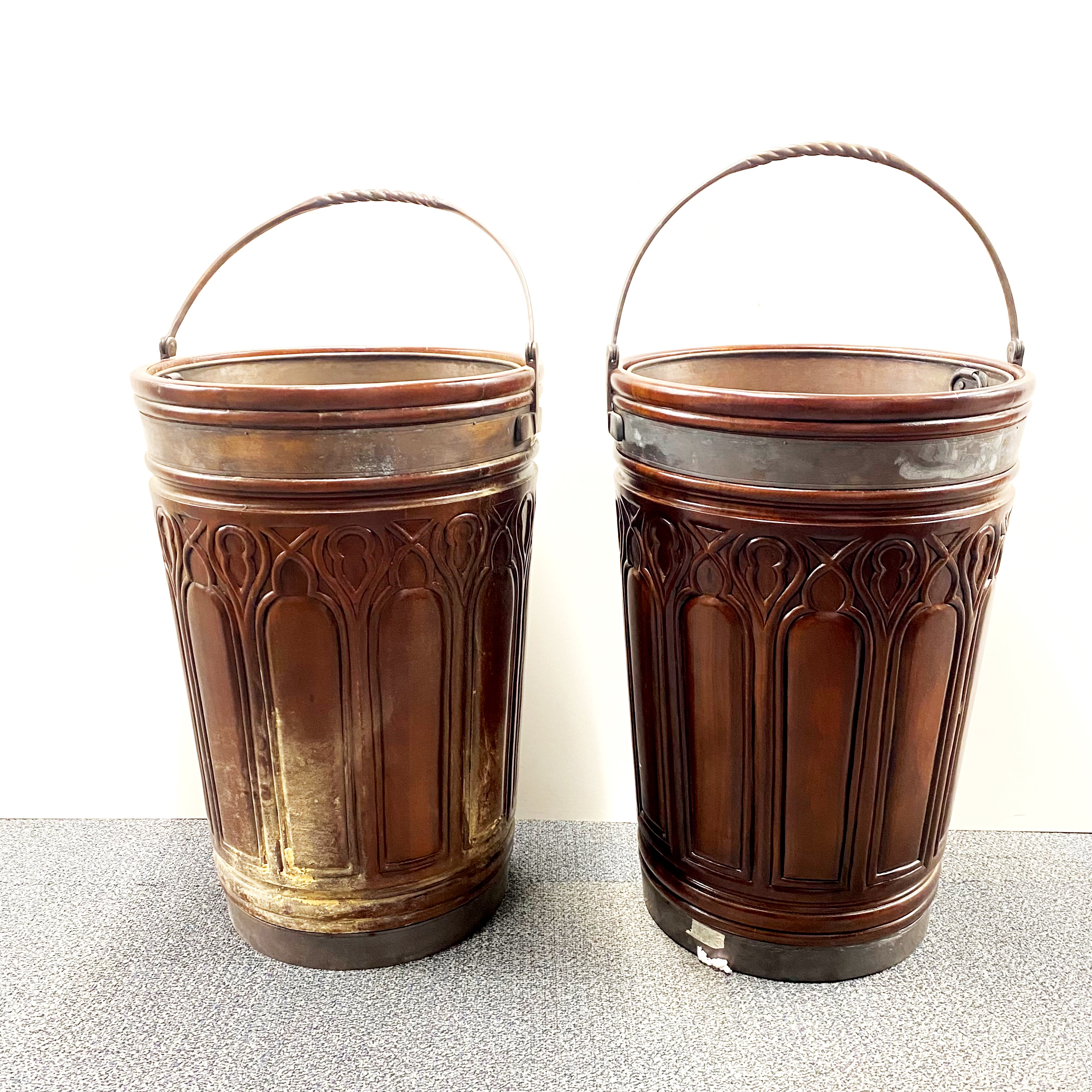 A pair of large carved mahogany and bronze peat buckets, H. 66cm.