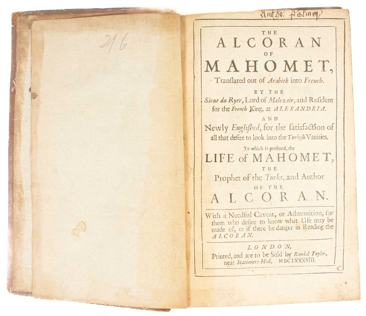 The Alcoran of Mahomet Translated out of Arabick into French by the ...