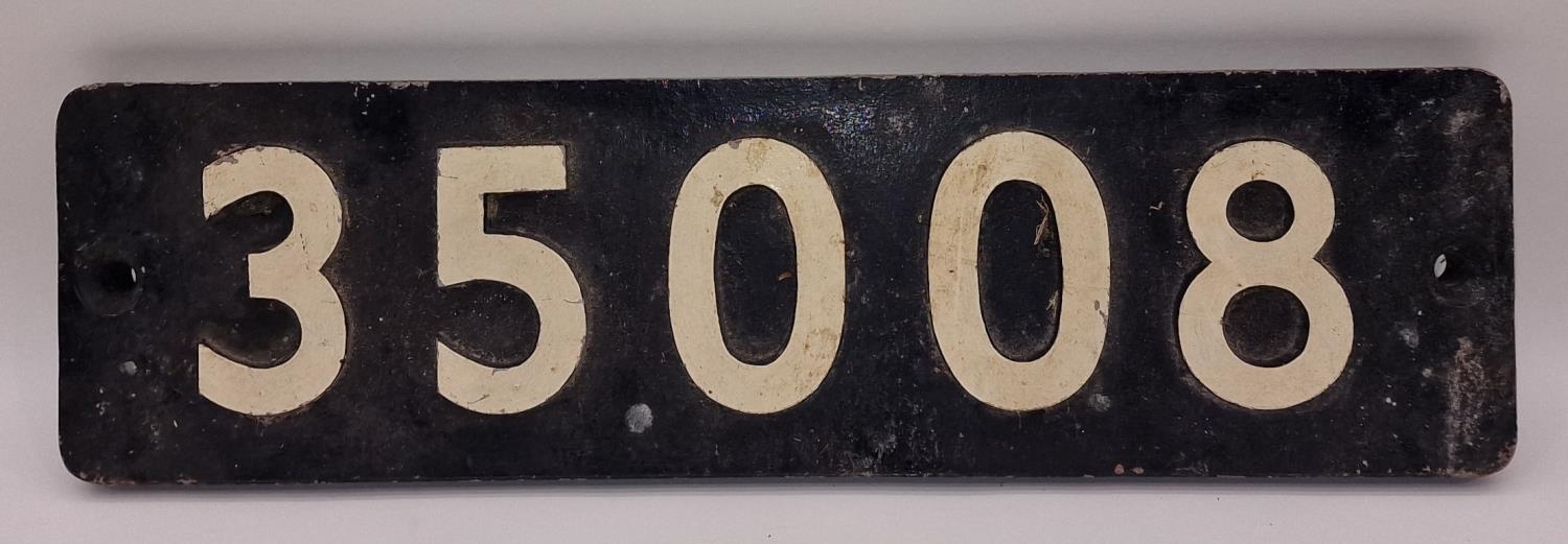 Vintage painted cast metal railway related number plate reads "35008 ...