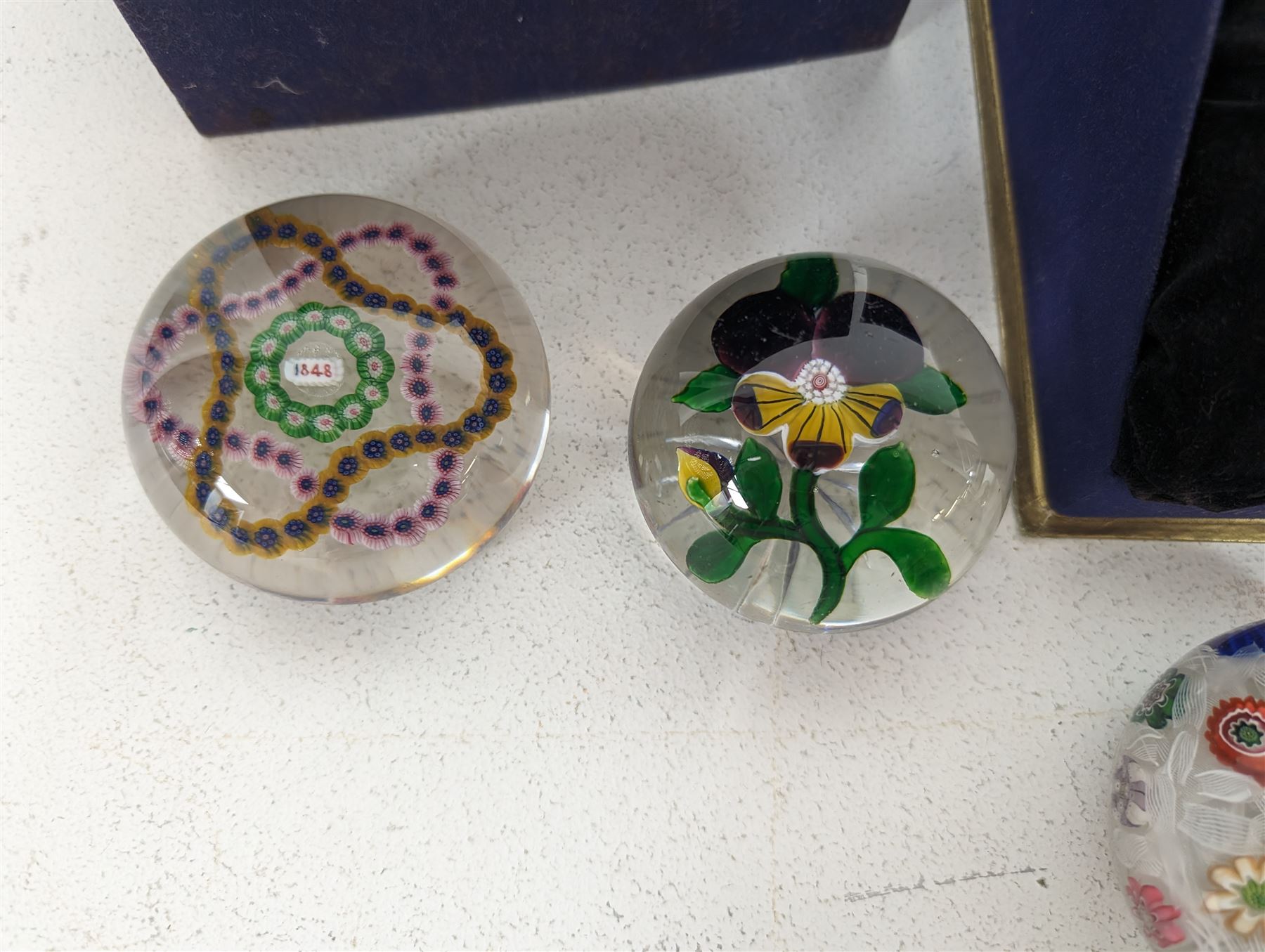 Strathearn paperweight, with blue floral decoration, boxed, together ...