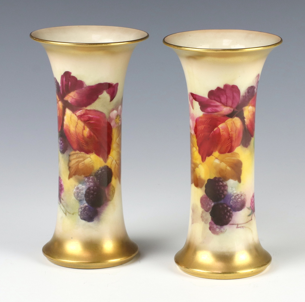 A pair of Royal Worcester vases decorated with fruits and flowers by K ...