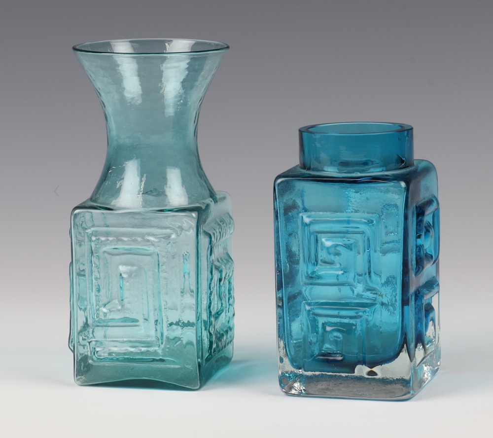 A Whitefriars kingfisher blue glass "Greek Key" square vase, pattern no ...