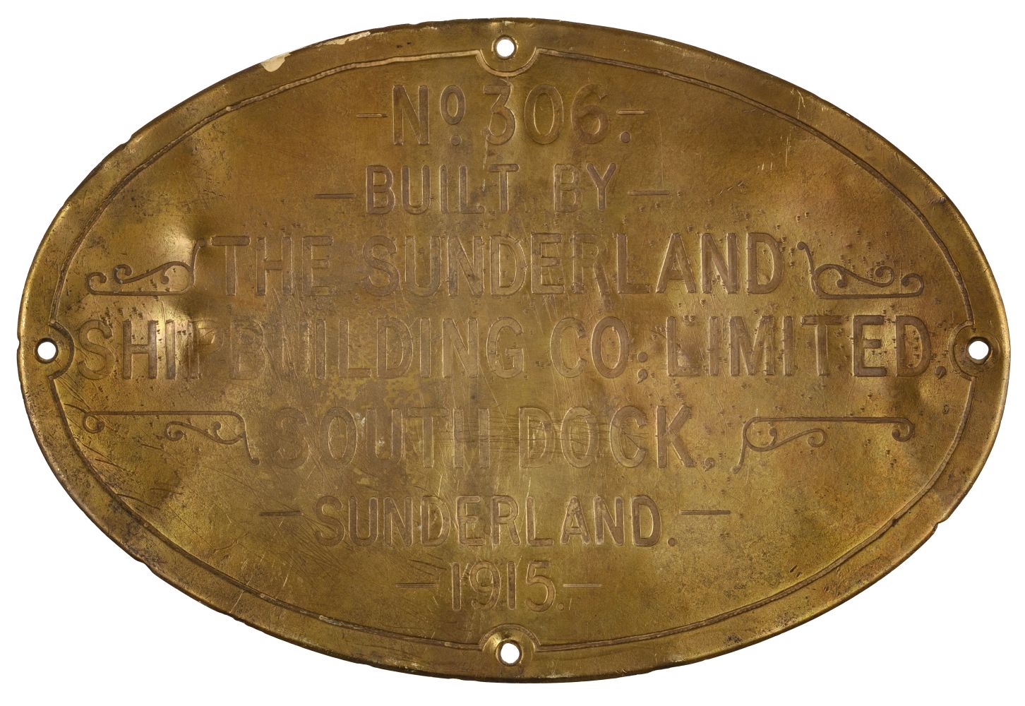 * Shipyard Plate. Sunderland Shipbuilding Co, an oval brass plate ...