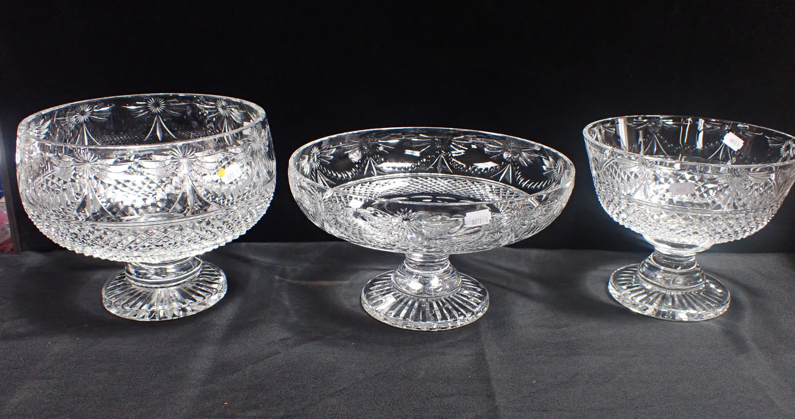 A LARGE STUART CRYSTAL CUT GLASS FOOTED BOWL 30cm dia, and two other ...