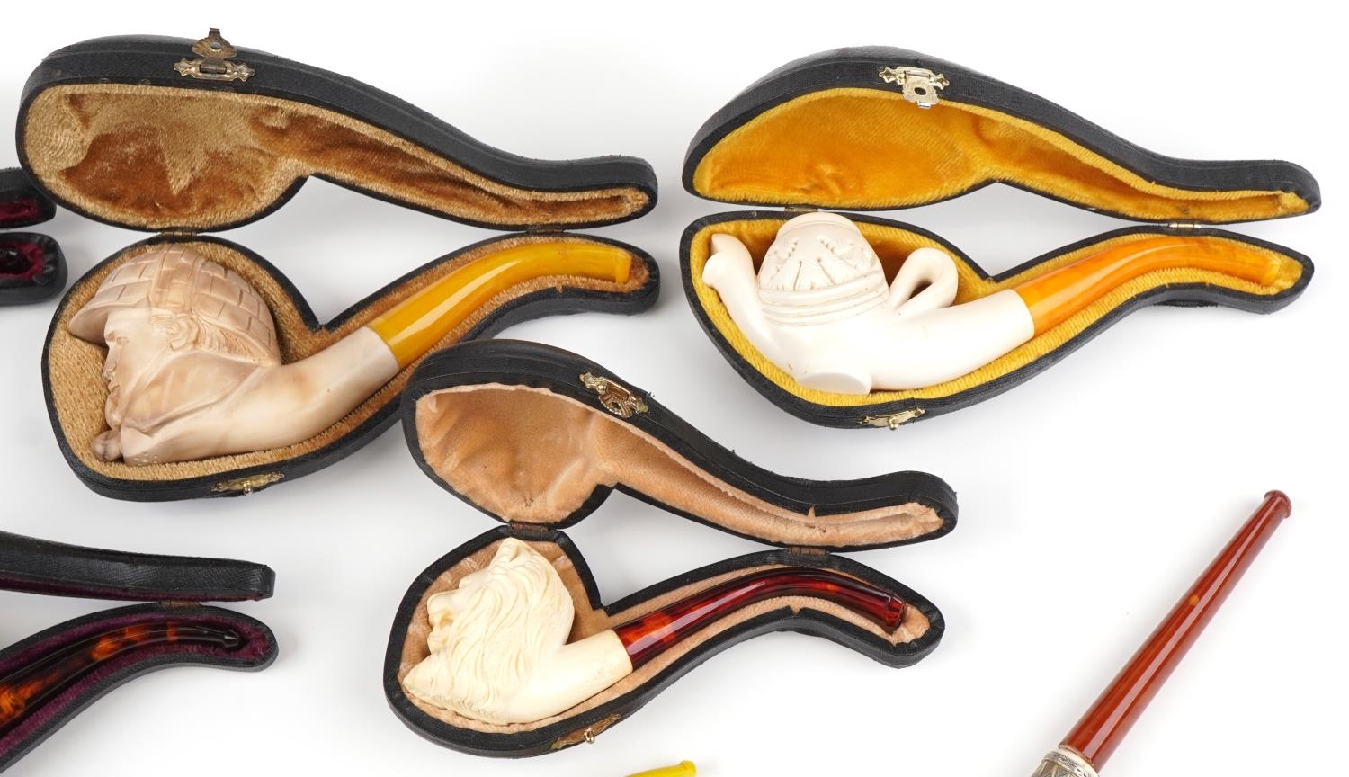 Nine block Meerschaum tobacco smoking pipes, five with fitted cases ...