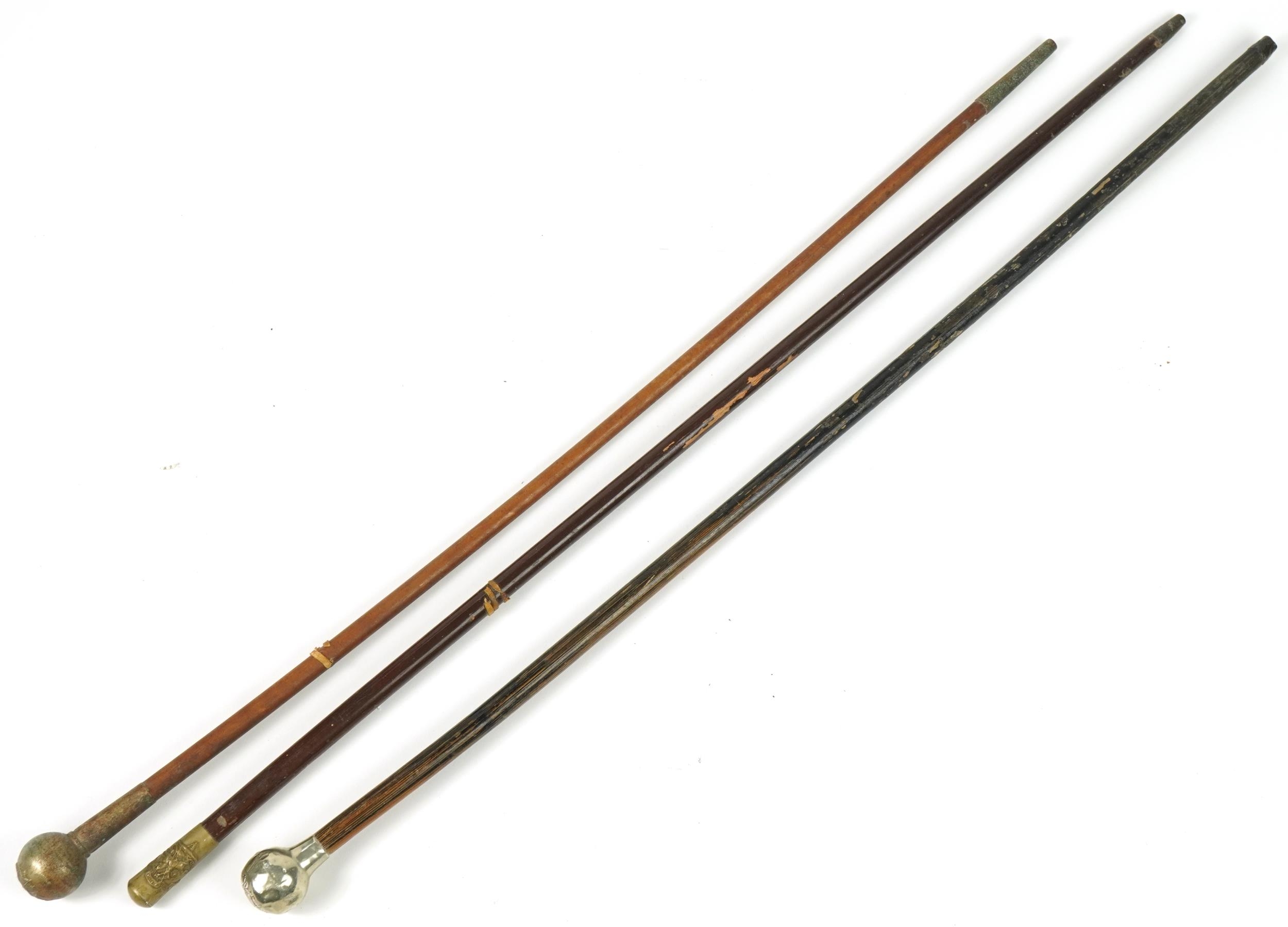 Three military interest swagger sticks with regimental pommels, the ...