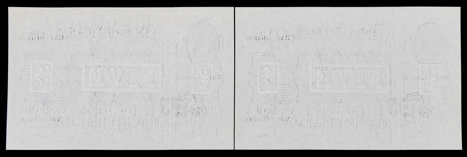 Pair of consecutive Bank of England 1950 white five pound notes, Chief ...