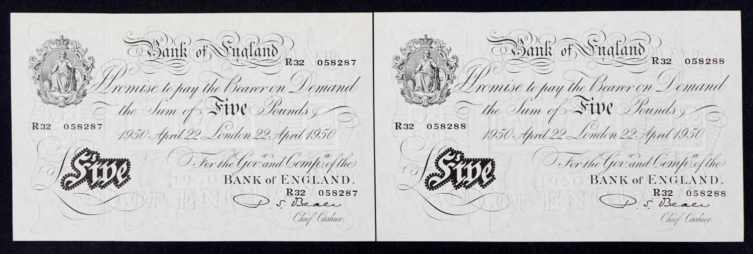 Pair of consecutive Bank of England 1950 white five pound notes, Chief ...