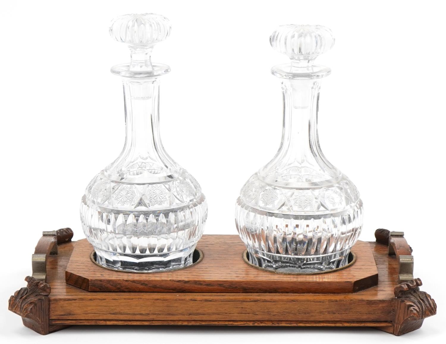 Victorian oak decanter stand with two good quality cut glass decanters ...