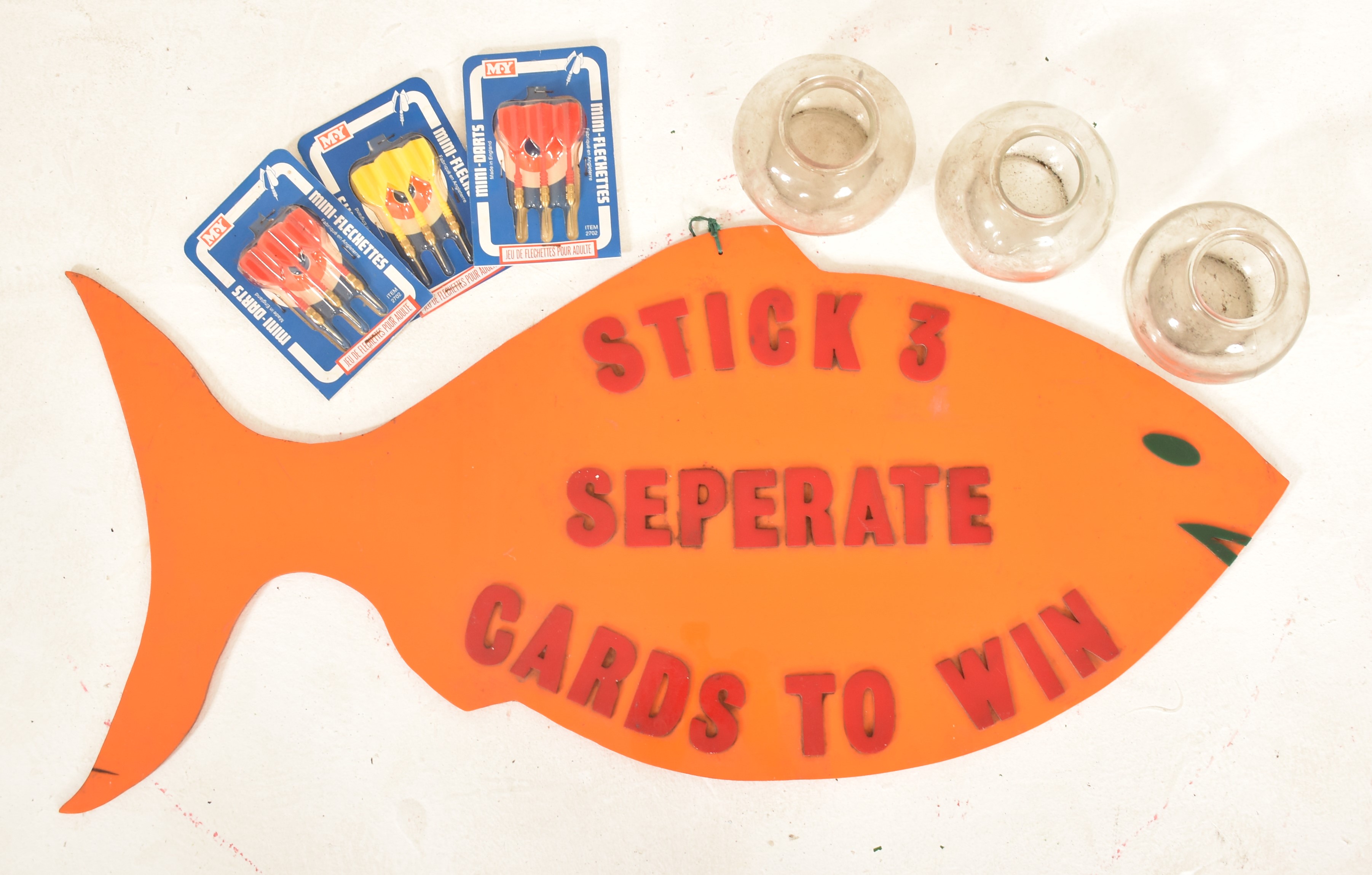 VINTAGE FUNFAIR STICK THREE TO WIN ORANGE FISH SIGN - auctions & price ...