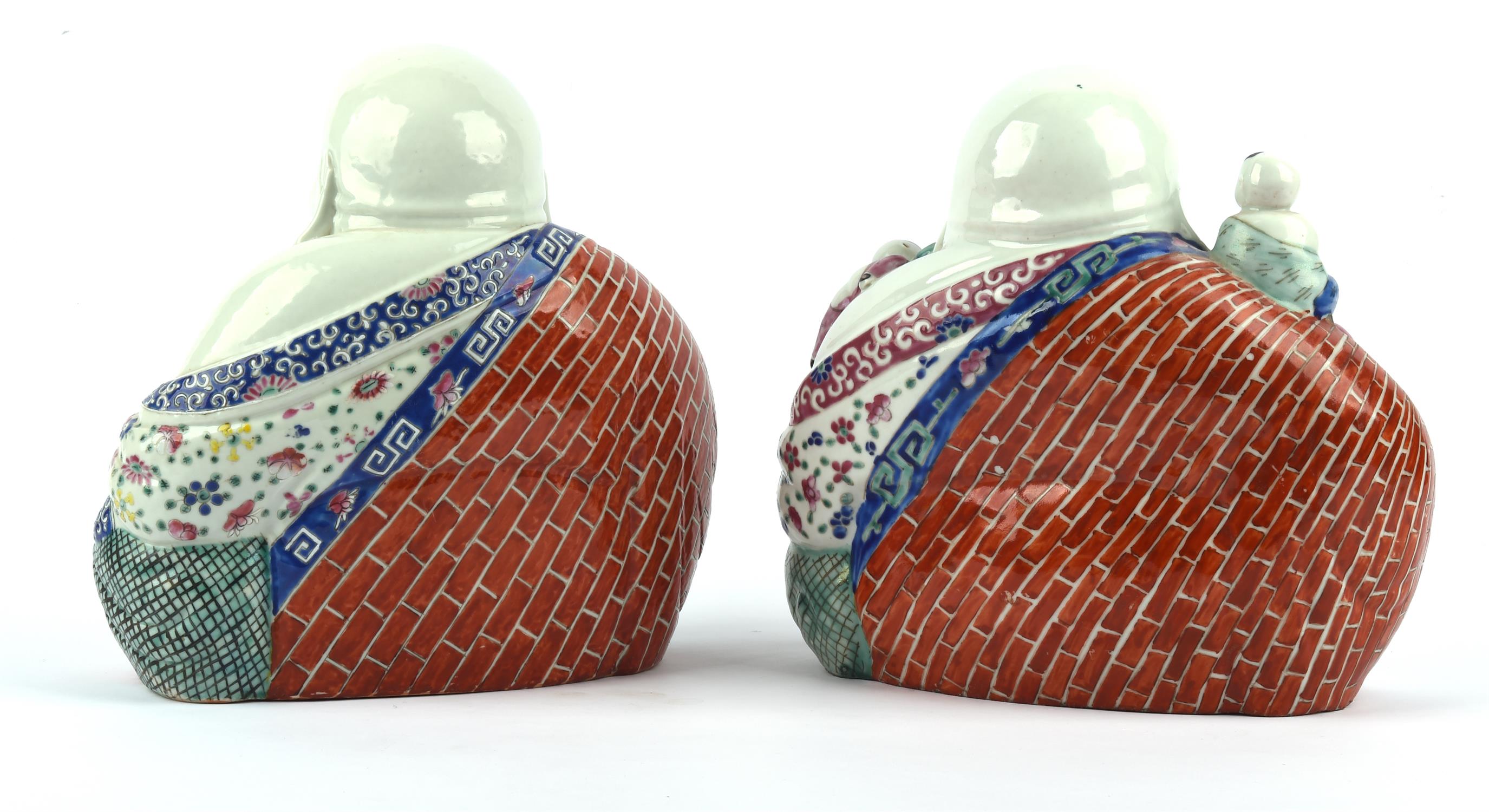 Two famille rose figures of Budai He Shang, the Monk of Chan Buddhism ...