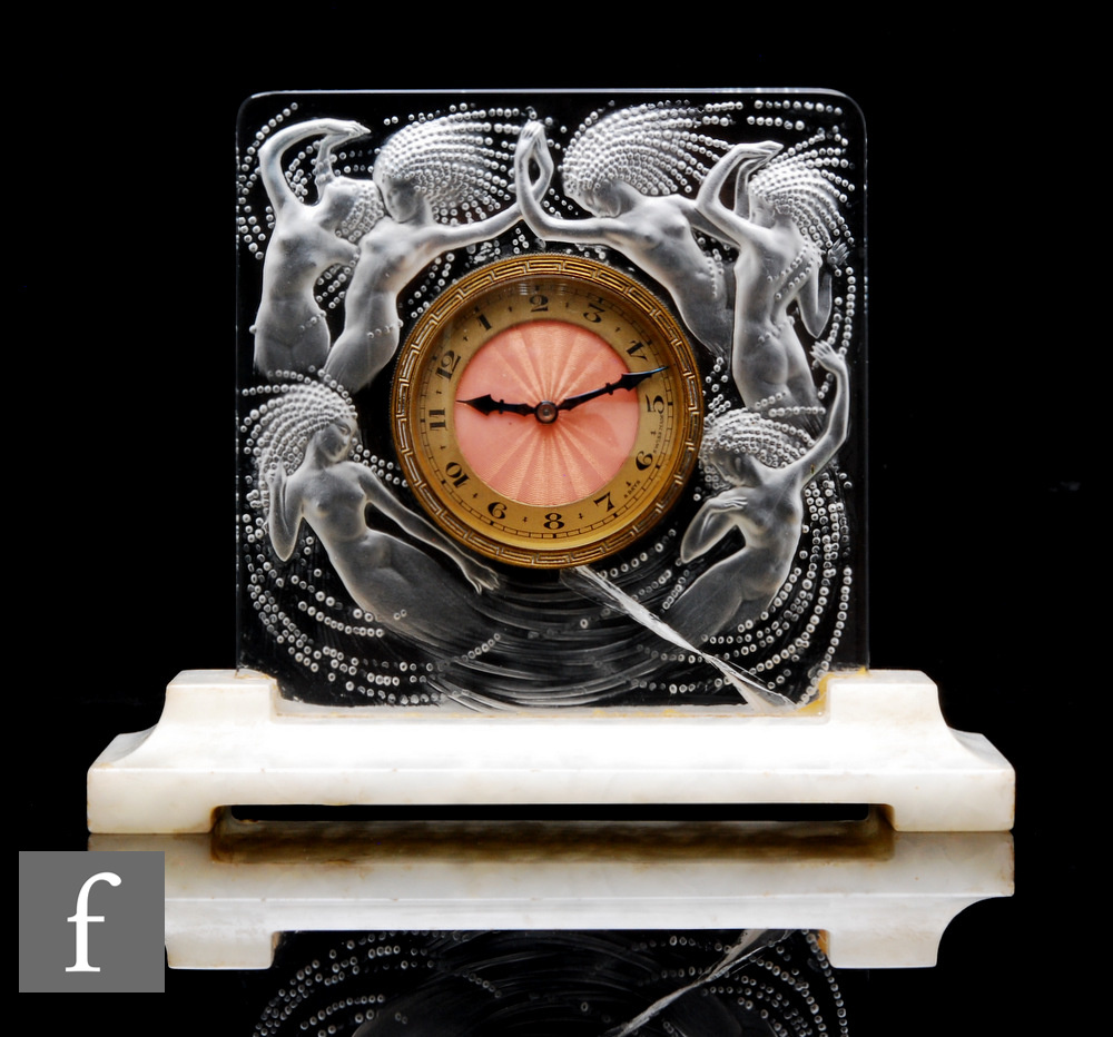 Rene Lalique - A 1930s Naiades opalescent glass mantel clock, decorated ...