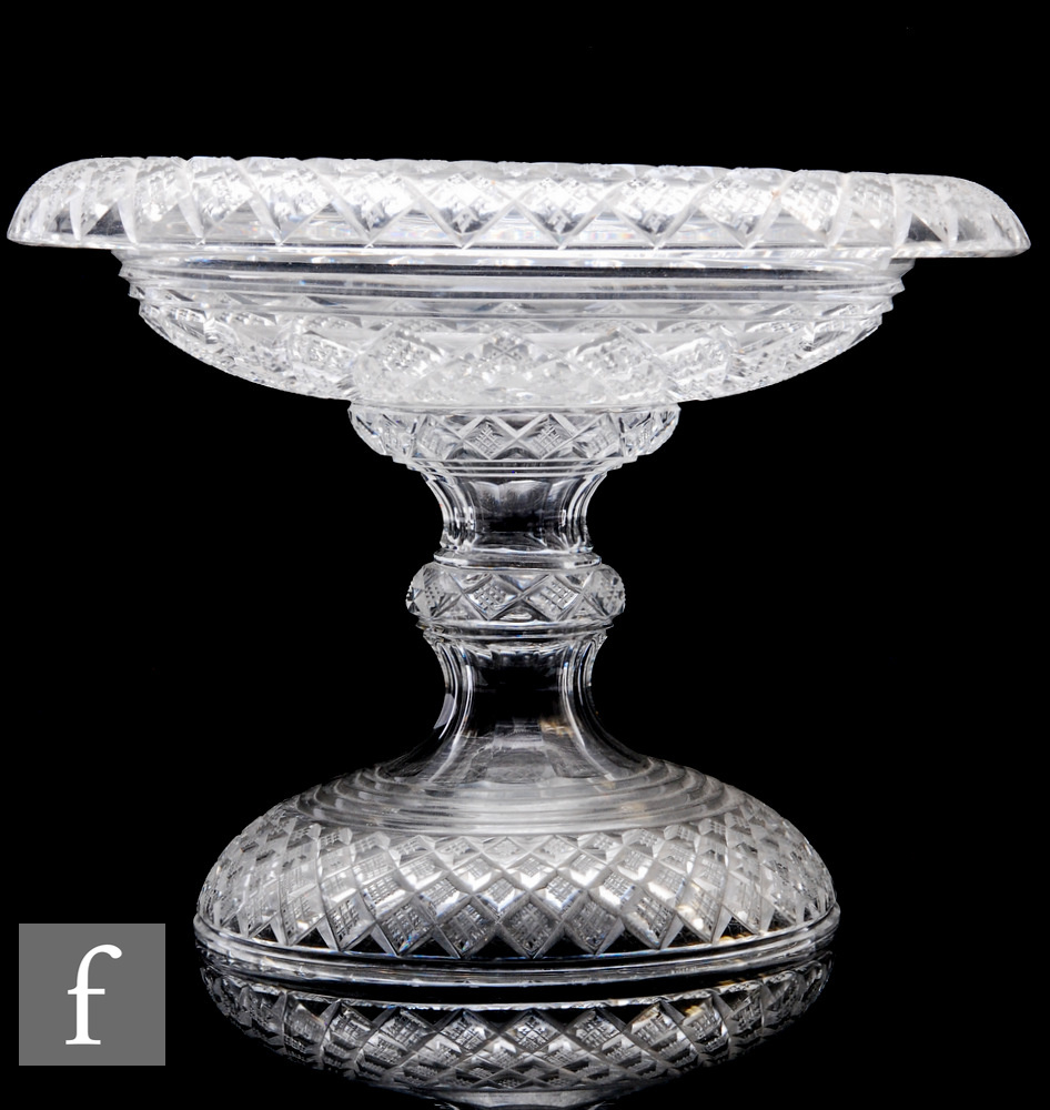 A 19th Century clear crystal pedestal bowl, possibly Richardsons, cut and polished with a repeat