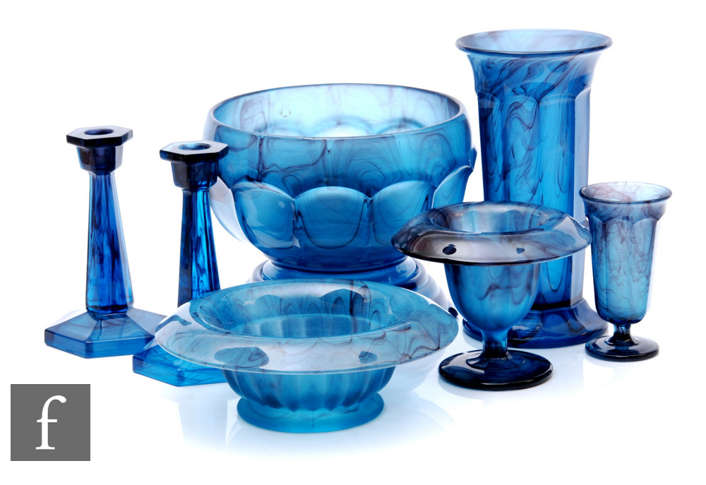 A collection of 1930s Davidsons blue Cloud Glass, to include a large ...