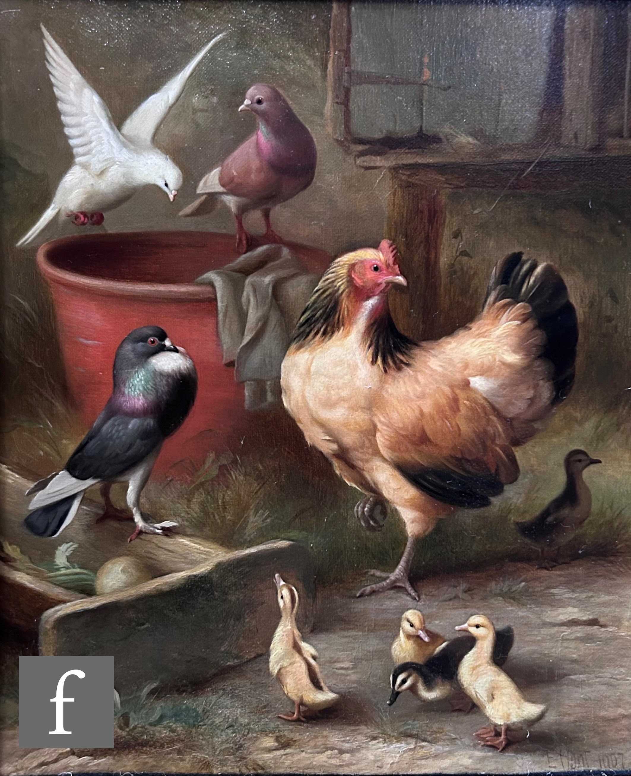 EDGAR HUNT (1876-1953) - Goats, pigeons and hens in a barn, oil on ...