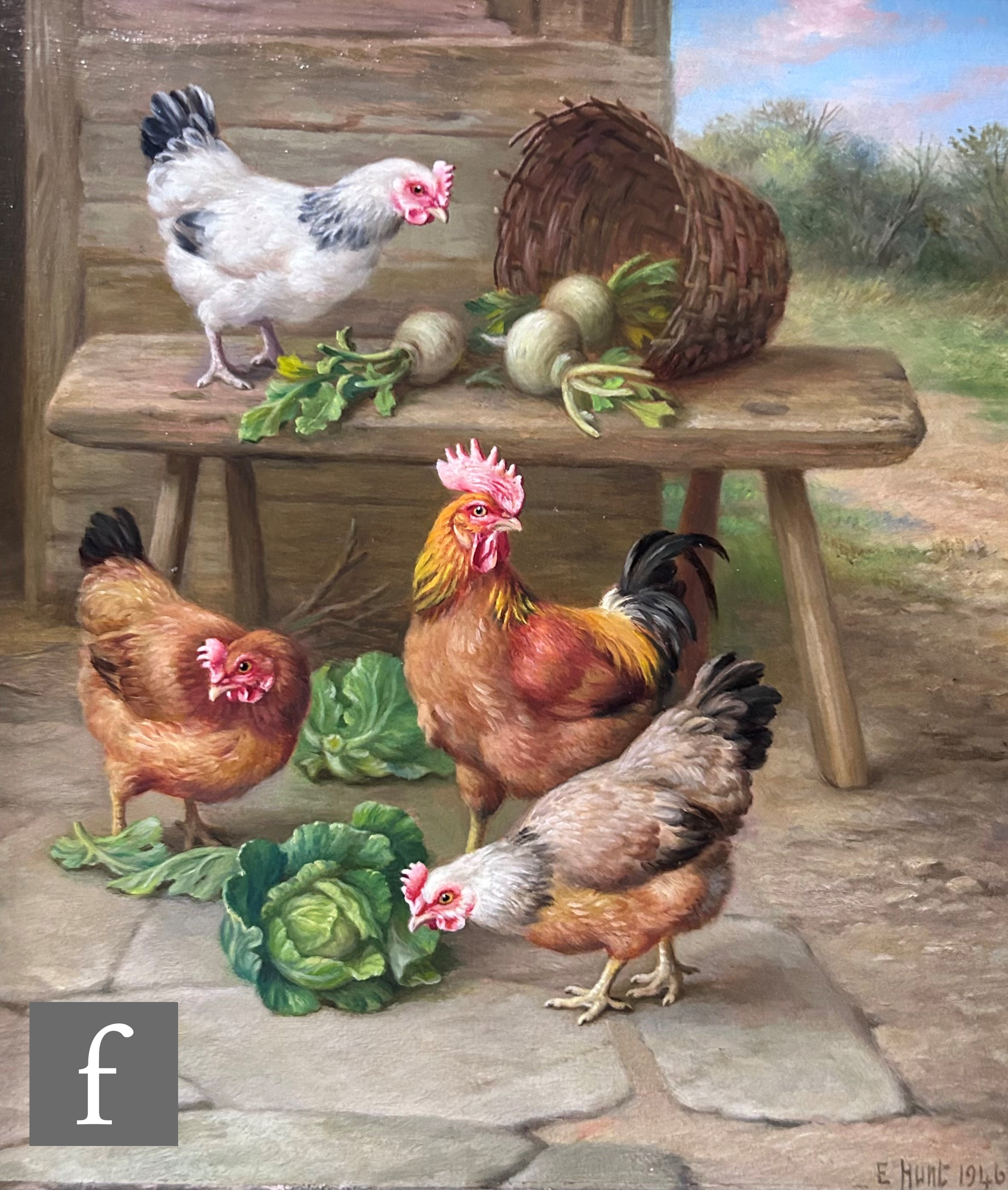 EDGAR HUNT (1876-1953) - 'Ruler of the Roost' - hens and a cockerel in ...