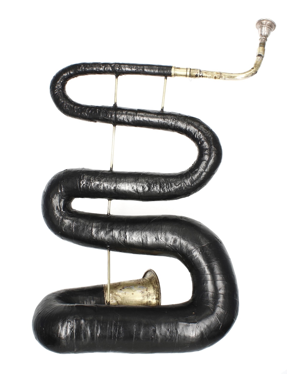 Unusual antique serpent, with leather bound raised tubing, brass bell ...