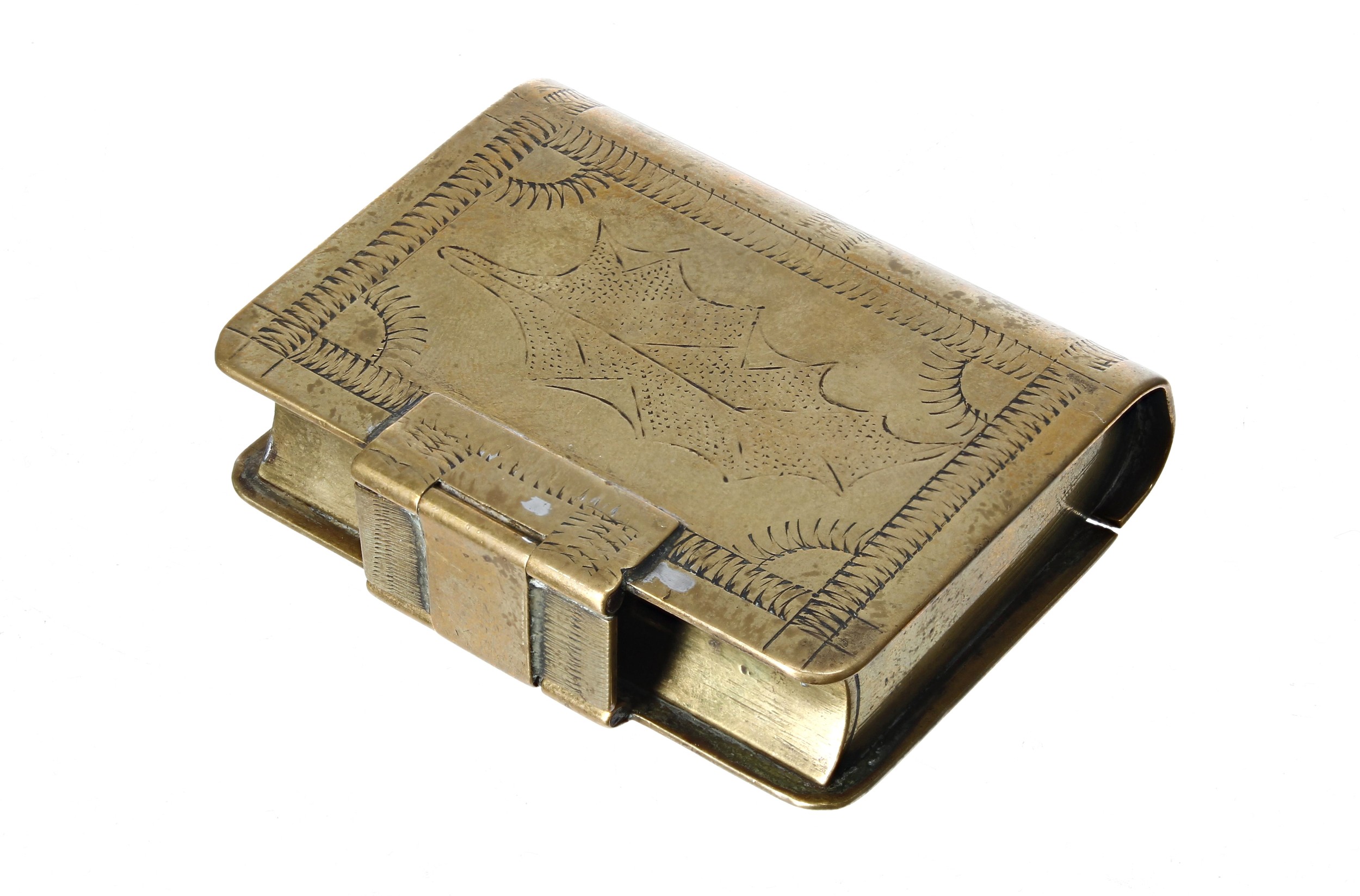 19th century brass snuff box in the form of a book, with engraved ...