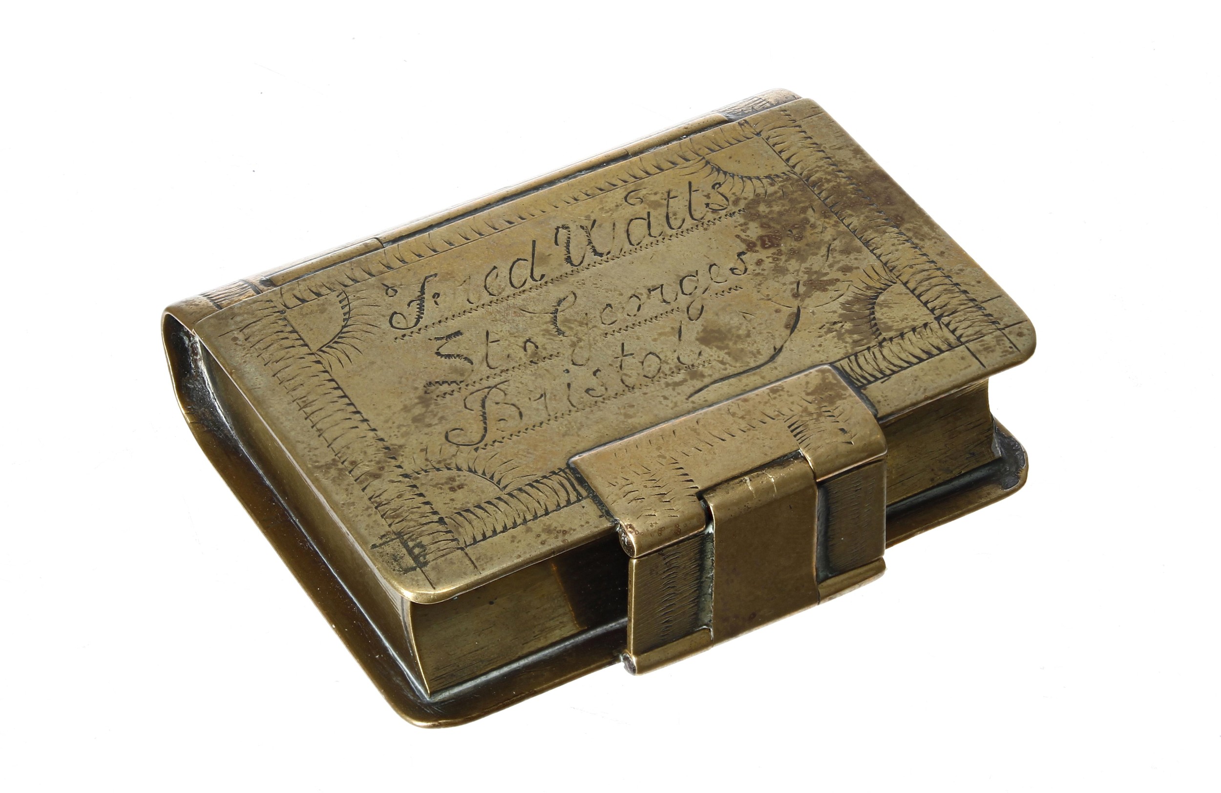 19th century brass snuff box in the form of a book, with engraved ...