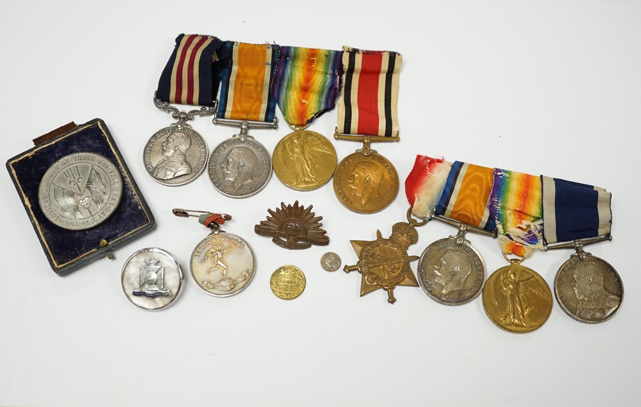 Two First World War medal groups; a military medal group awarded to Pte ...